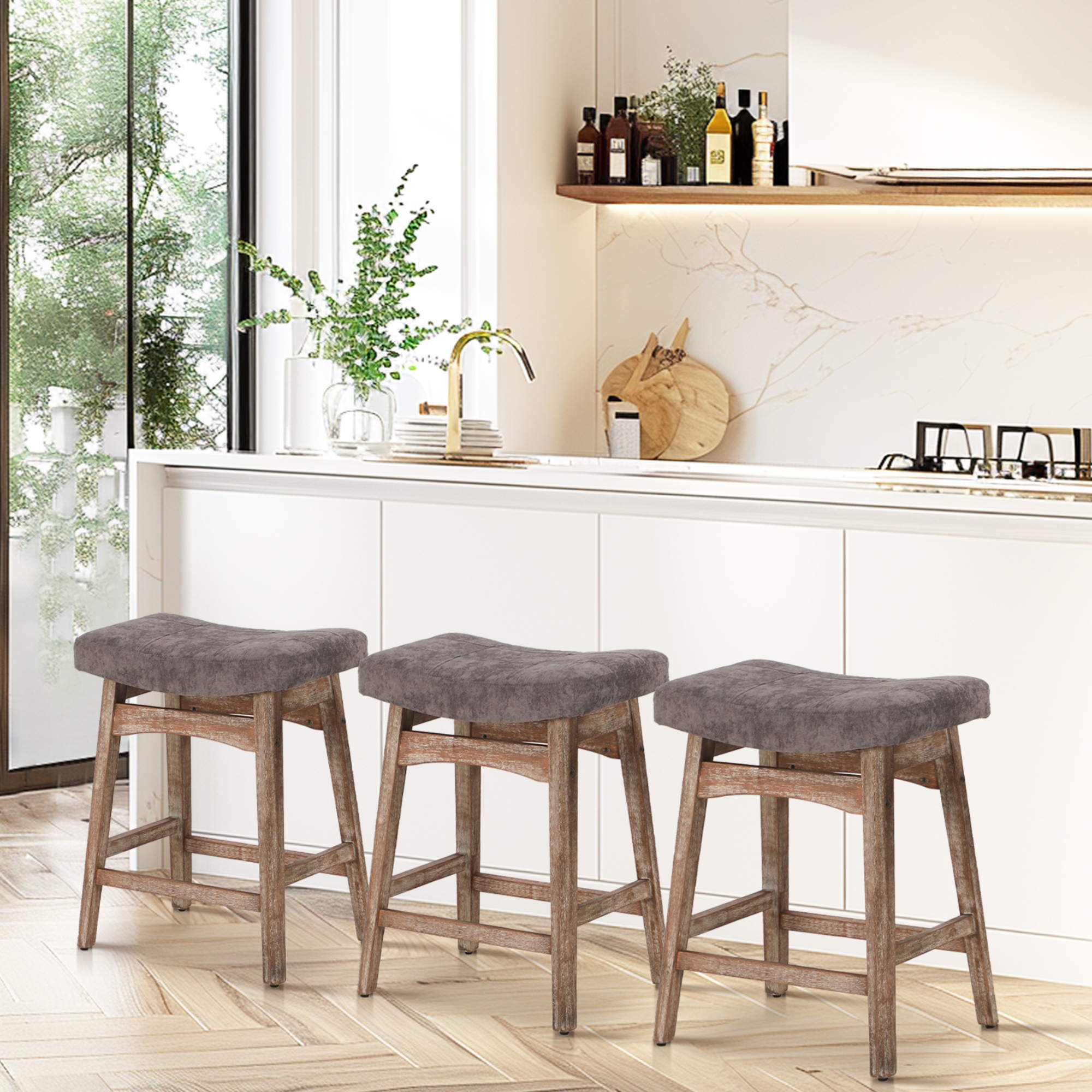 Angel Line Cambridge 24" Padded Saddle Stool, White w/ Gray Cushion ...