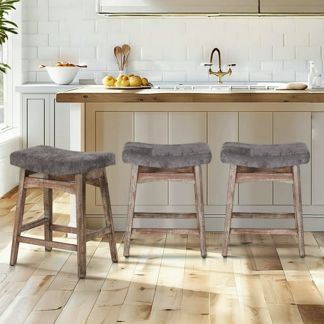 "Summit Living 24"" Wooden Saddle Bar Stools, Set of 3, Gray, Linen ...