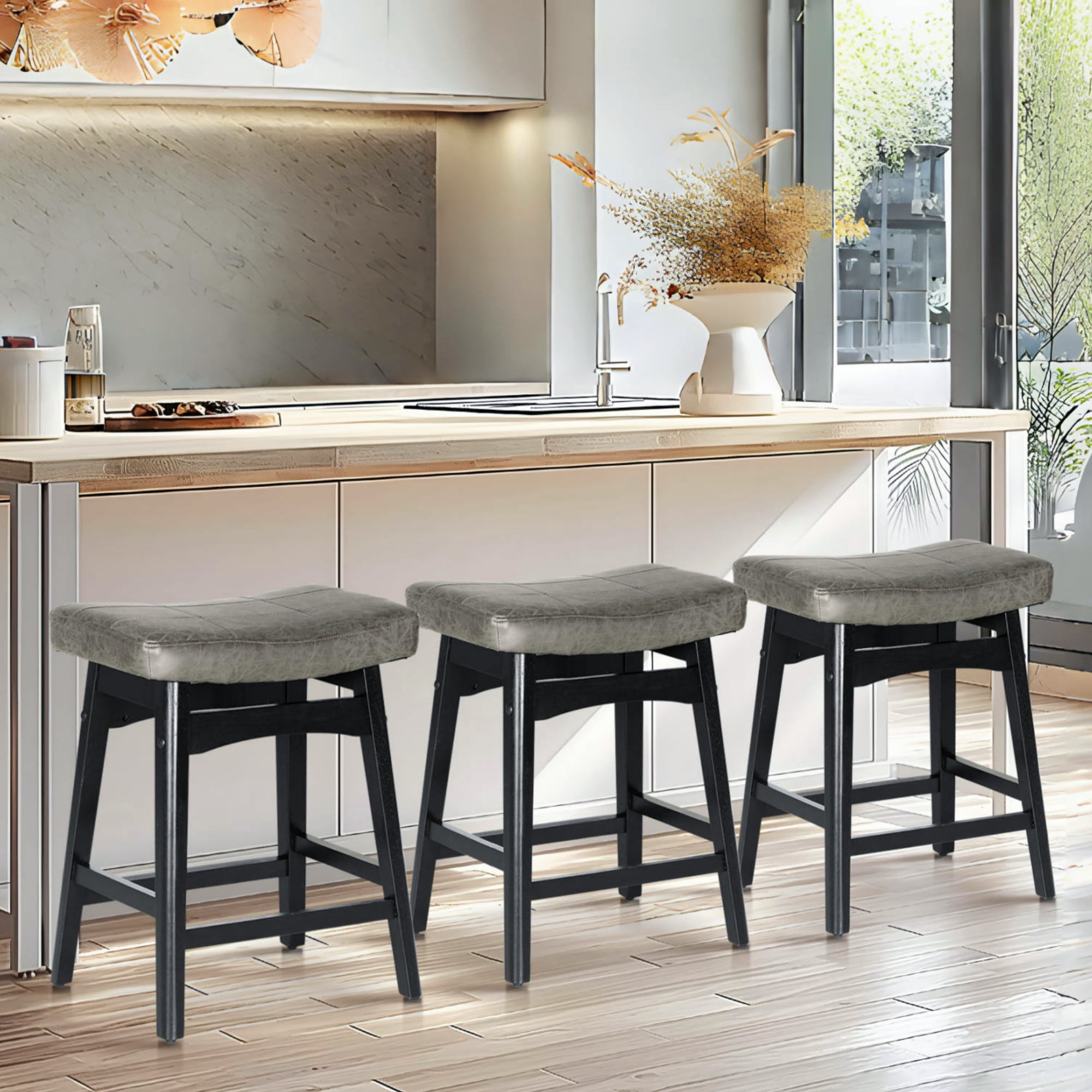 Summit Living 24 inch Wooden Saddle Bar Stool Set of 3 for Kitchen ...