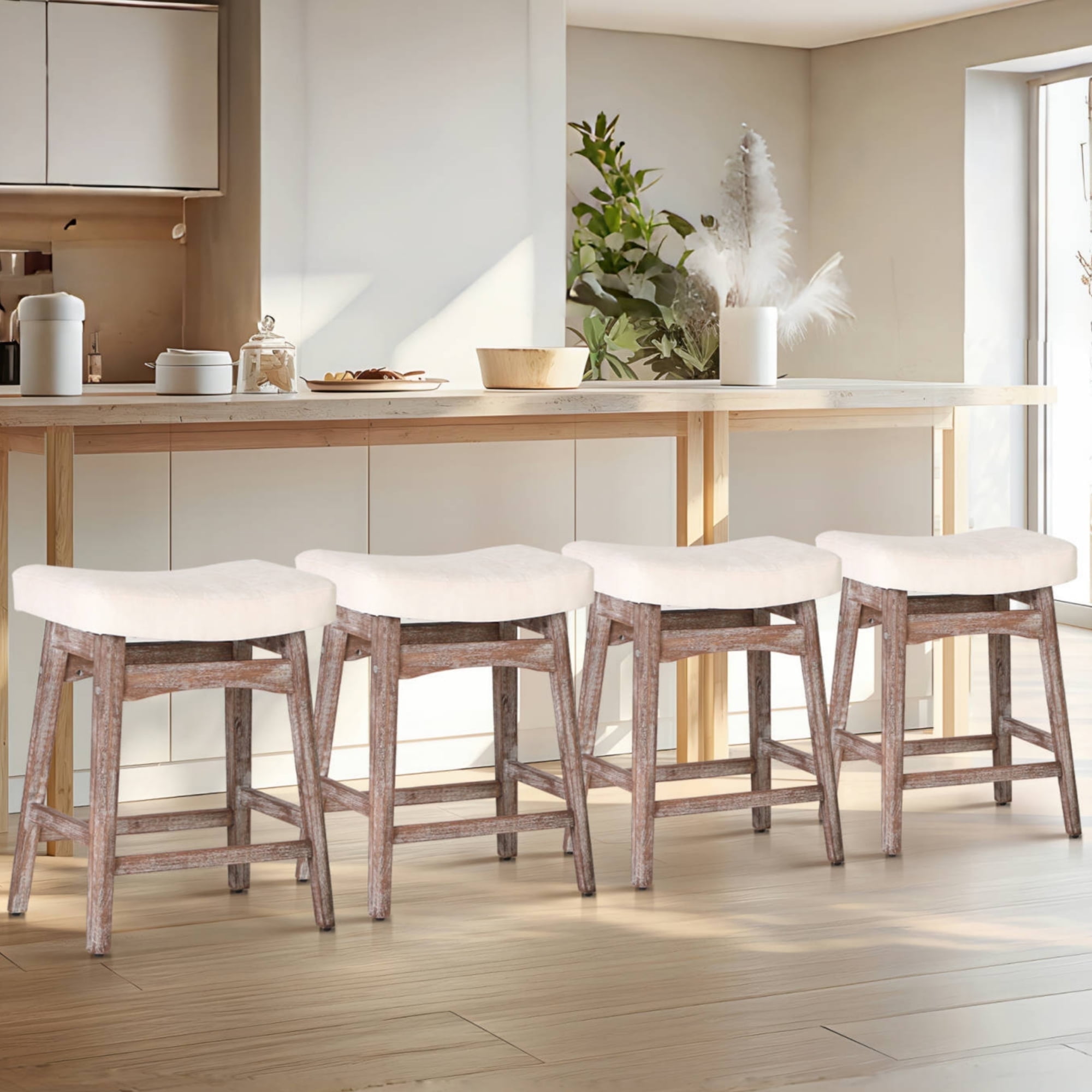 Summit Living 24in Wooden Saddle Stool Set of 4, Linen Cushion ...