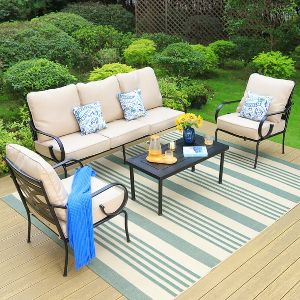 Summit Living 4 Piece Outdoor Conversation Set with 3 Seat Sofa Two Single Chairs 5 Person Patio Seating Group with Cushions Black Beige Walmart Business Supplies