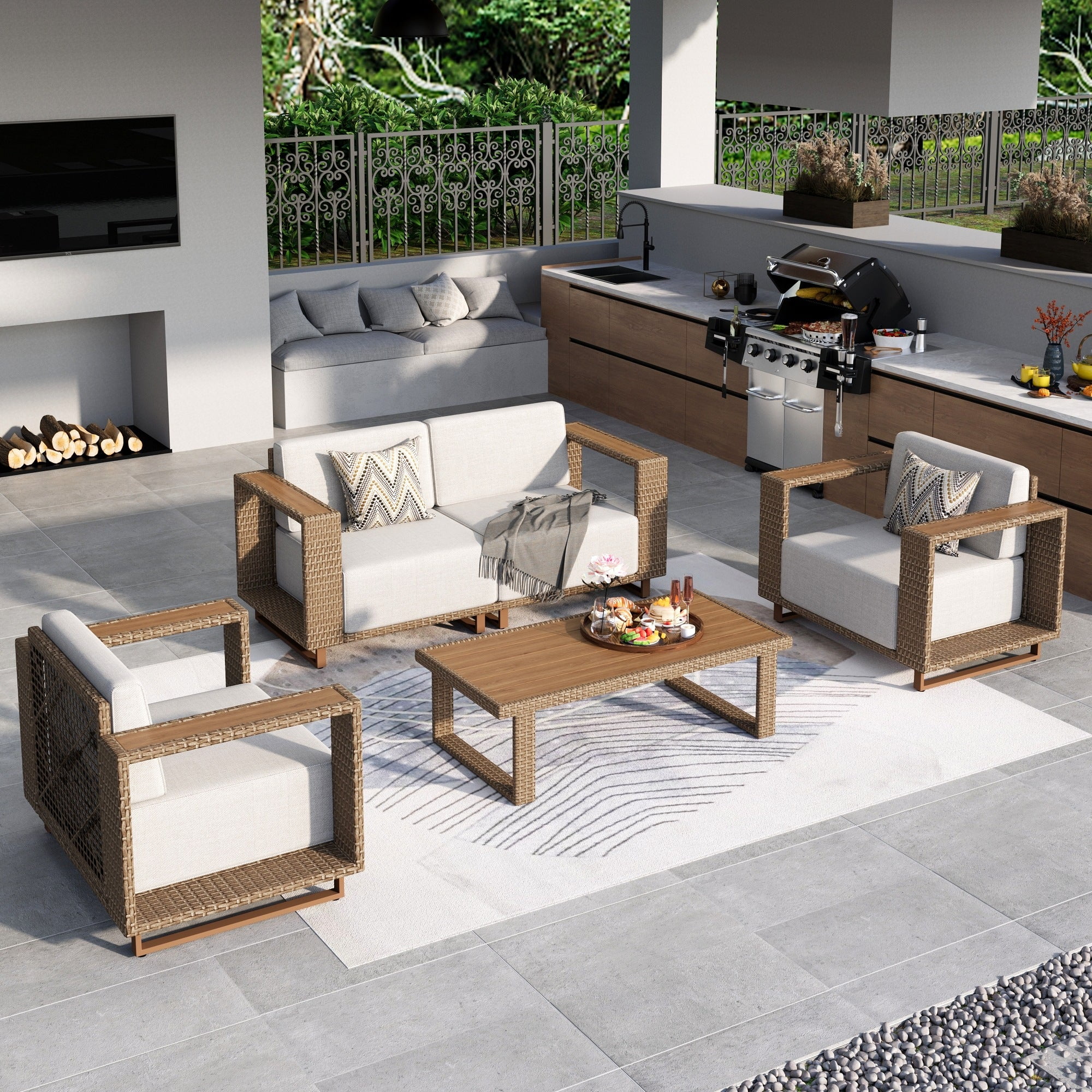 MF Studio 4-Piece Patio Furniture Set, Wicker Outdoor Conversation Set ...