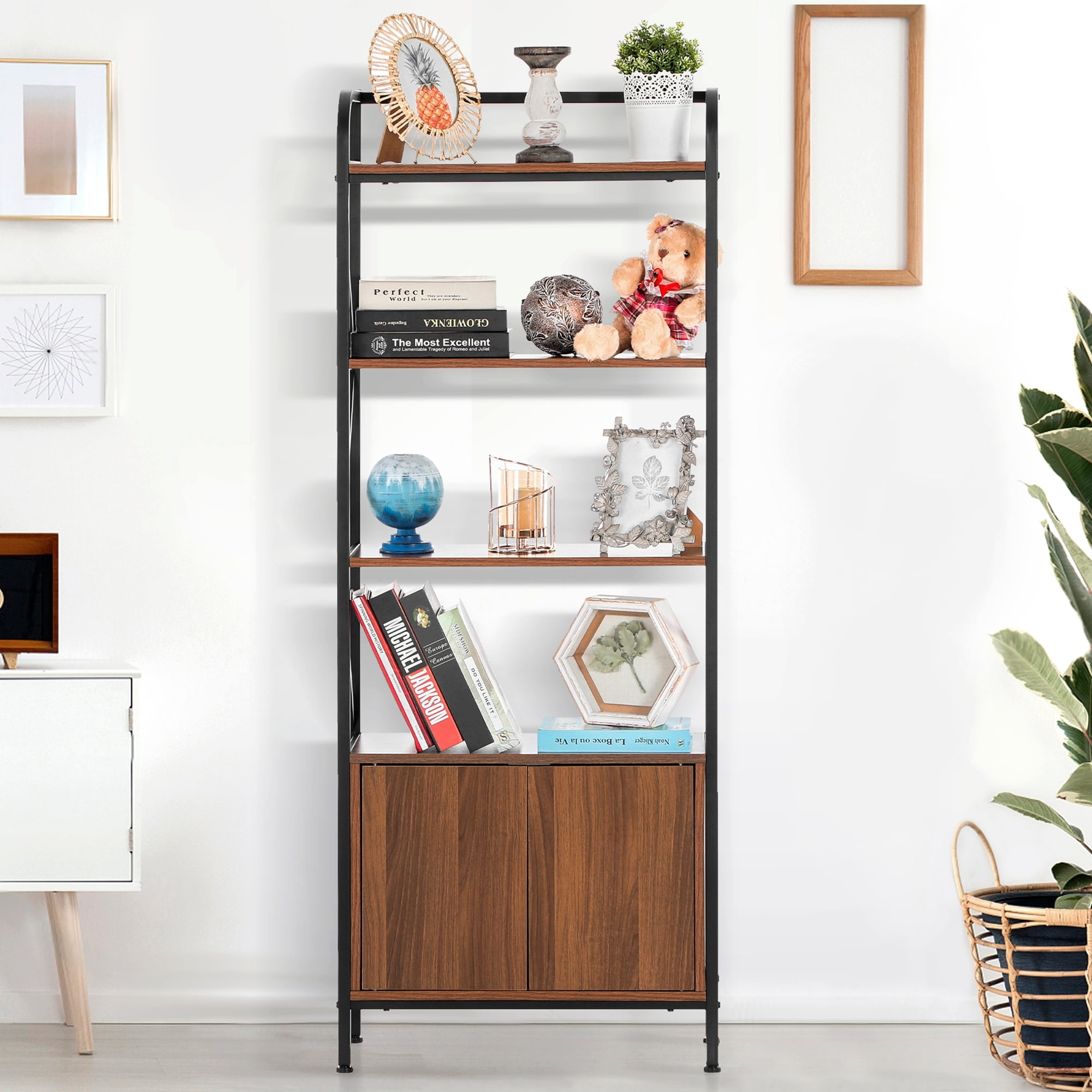 Summit Living 4-Tier Bookshelf, Storage Rack Shelf Steel Bookcase with Cabinet for Living Room ...