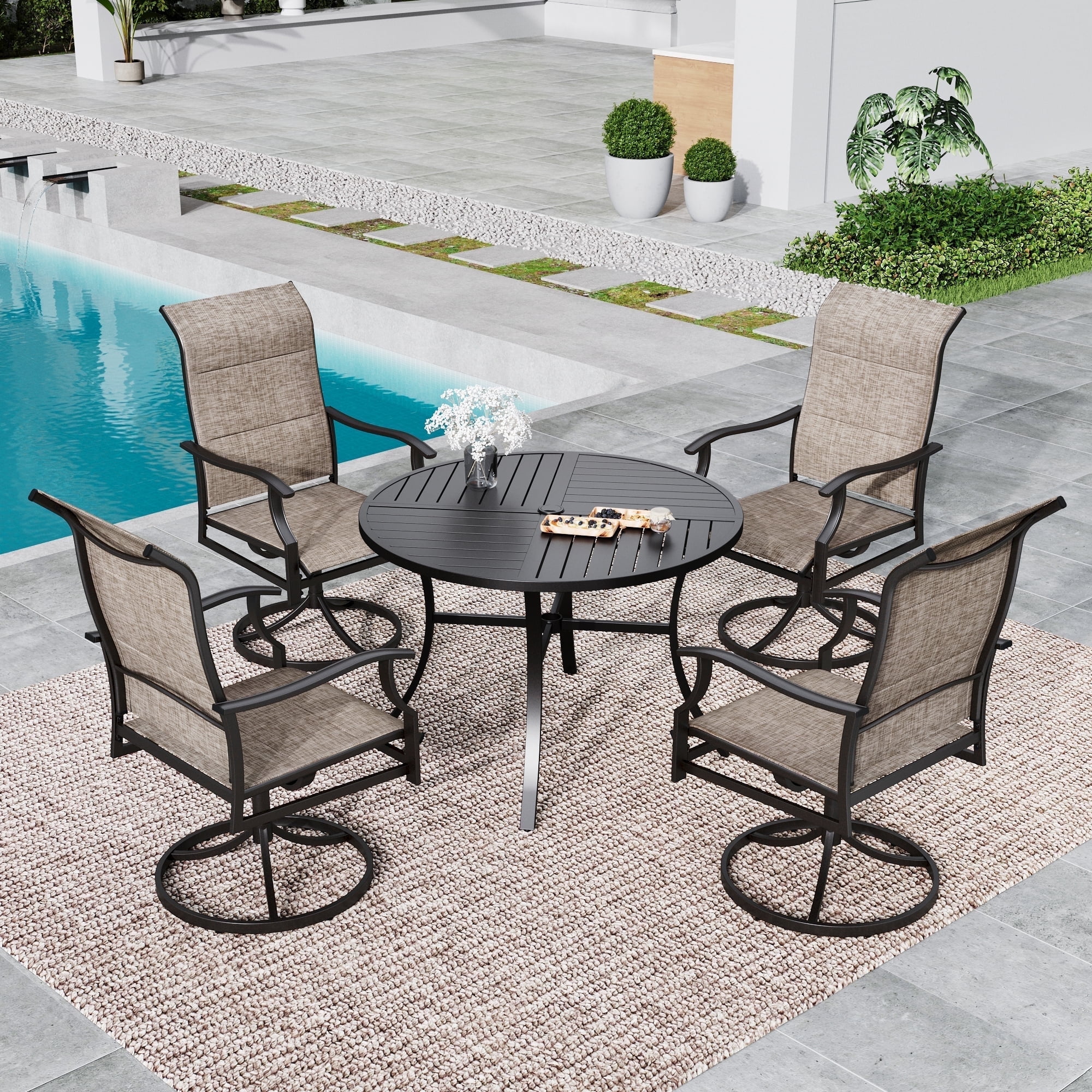 Summit Living 5 Piece Outdoor Dining Set 4 High Back Swivel Chairs with Padded 1 Round Steel Table with Umbrella Hole Black Gray