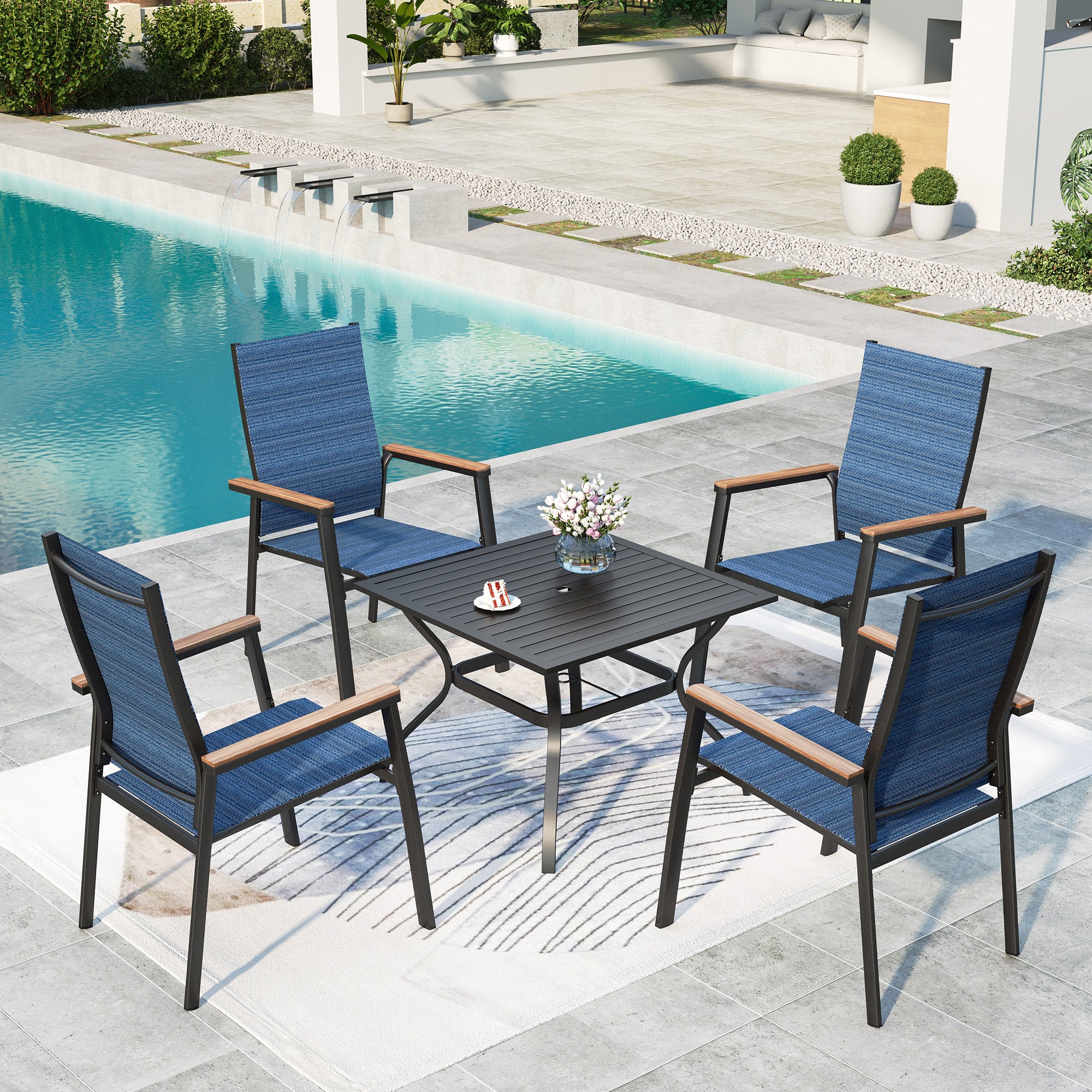 Summit Living 5-Piece Outdoor Patio Dining Set with 4 Stackable Blue ...