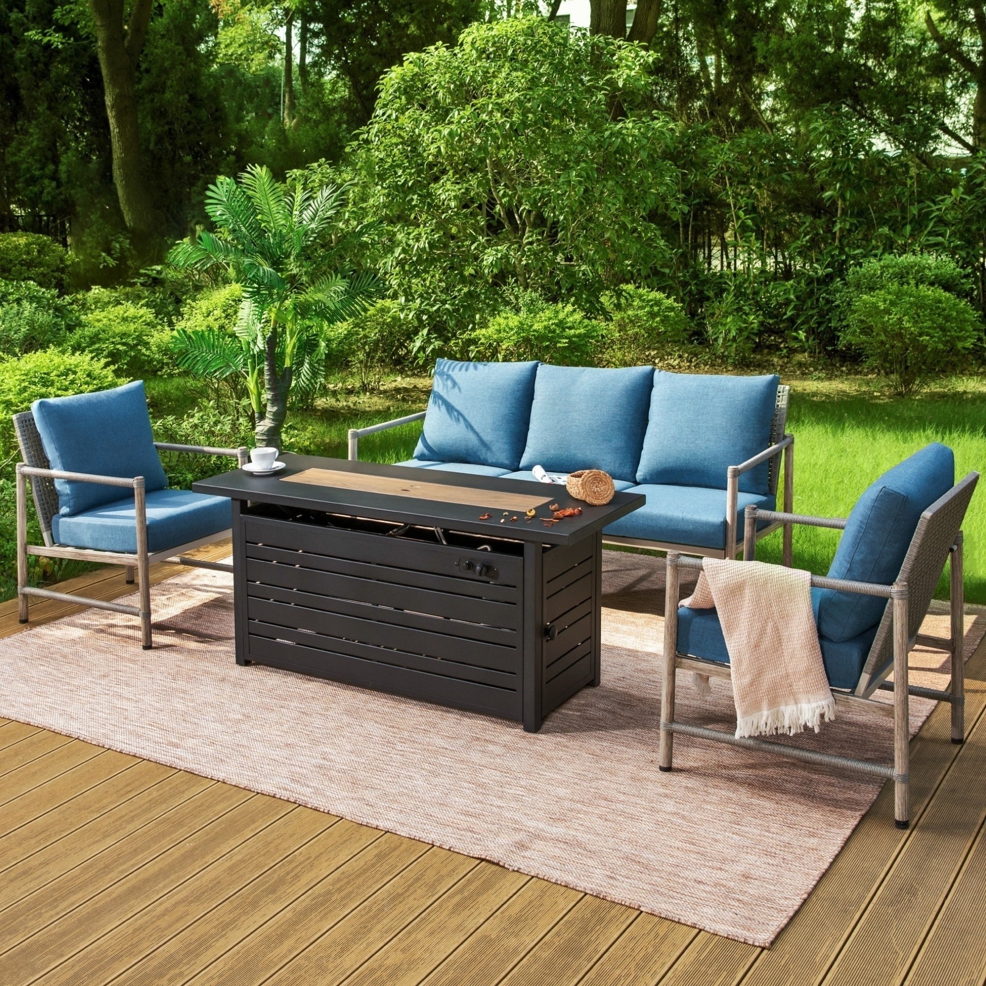 Summit Living 5-Seat Patio Conversation Set with Fire Pit Table, Wood ...