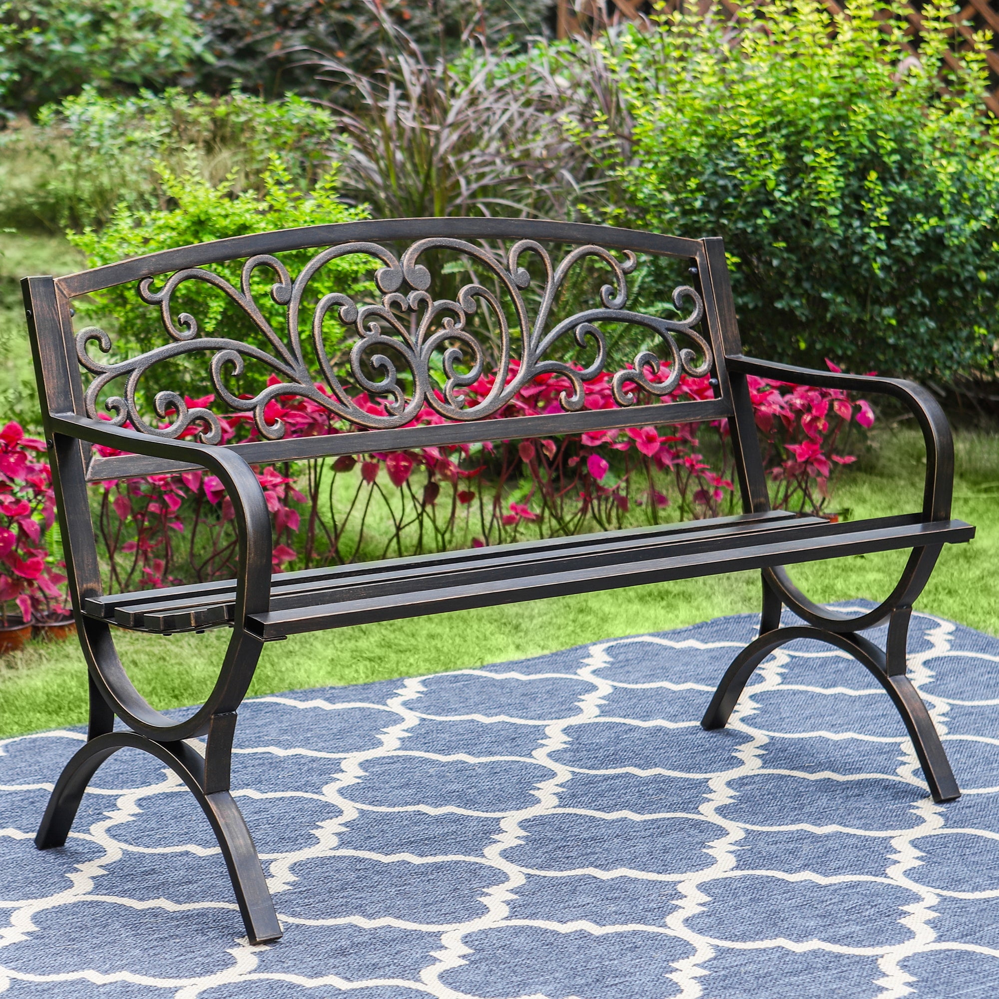 Summit Living 50 Inches Outdoor Garden Bench,Cast Iron Patio Park Bench ...