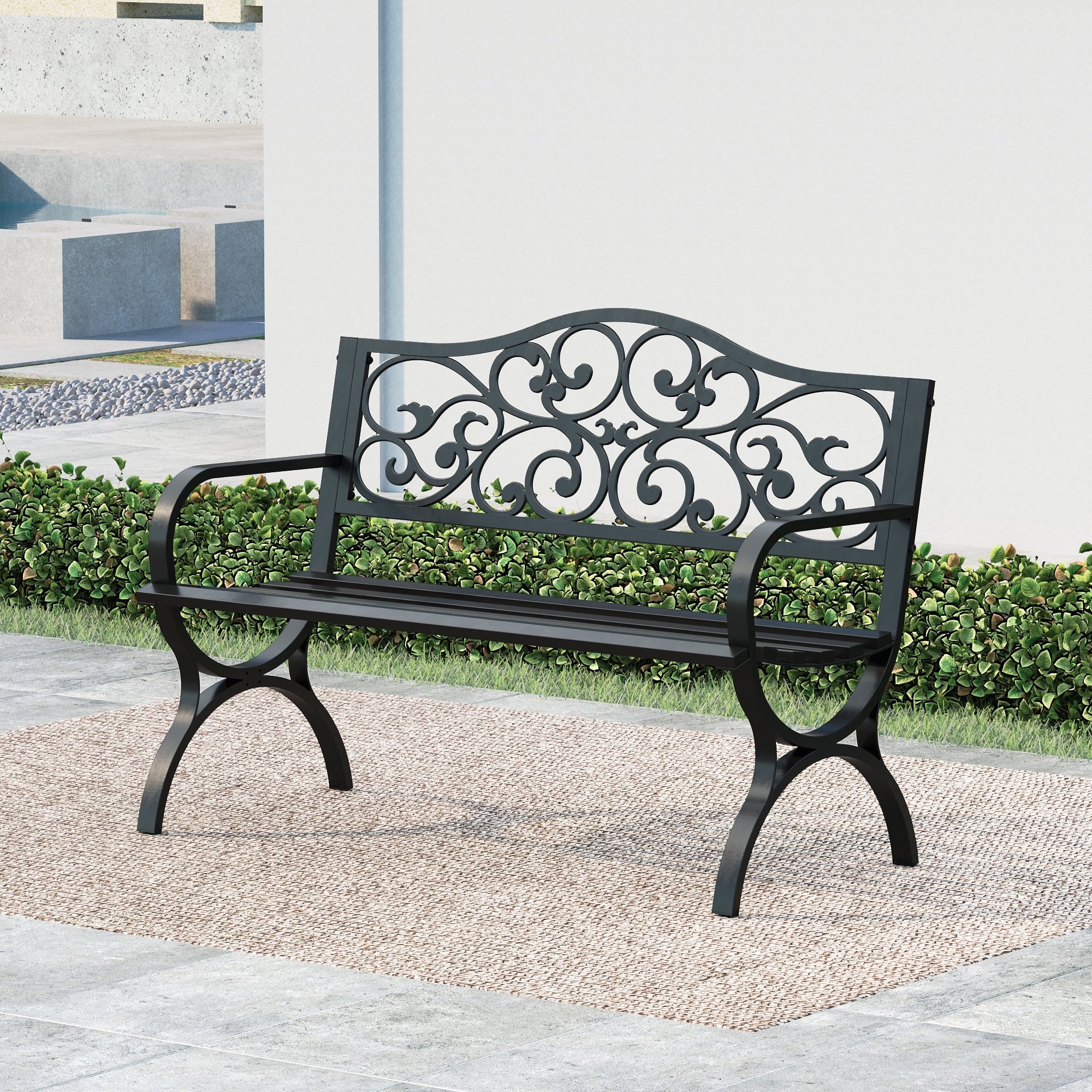 Summit Living Black Steel Durable Outdoor Garden Bench, Cast Iron Frame ...