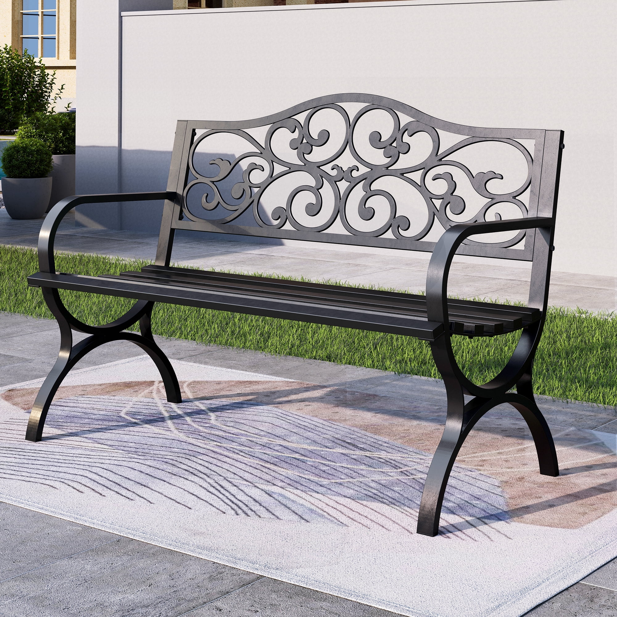 Summit Living Black Steel Durable Outdoor Garden Bench, Cast Iron Frame ...
