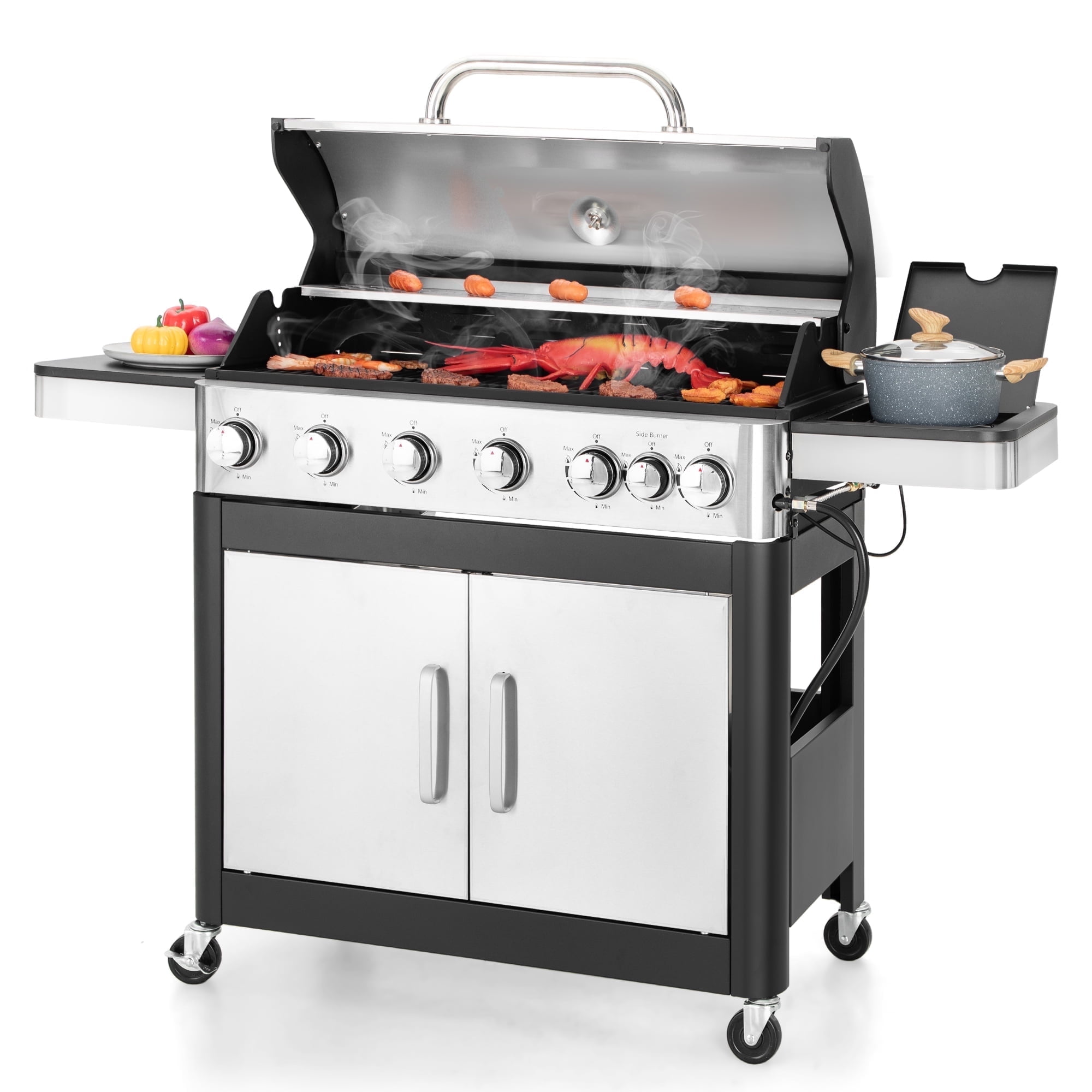 Summit Living Heavy Duty 6 Burner LP Propane Sear Gas Grill, Stainless Steel BBQ with Side ...