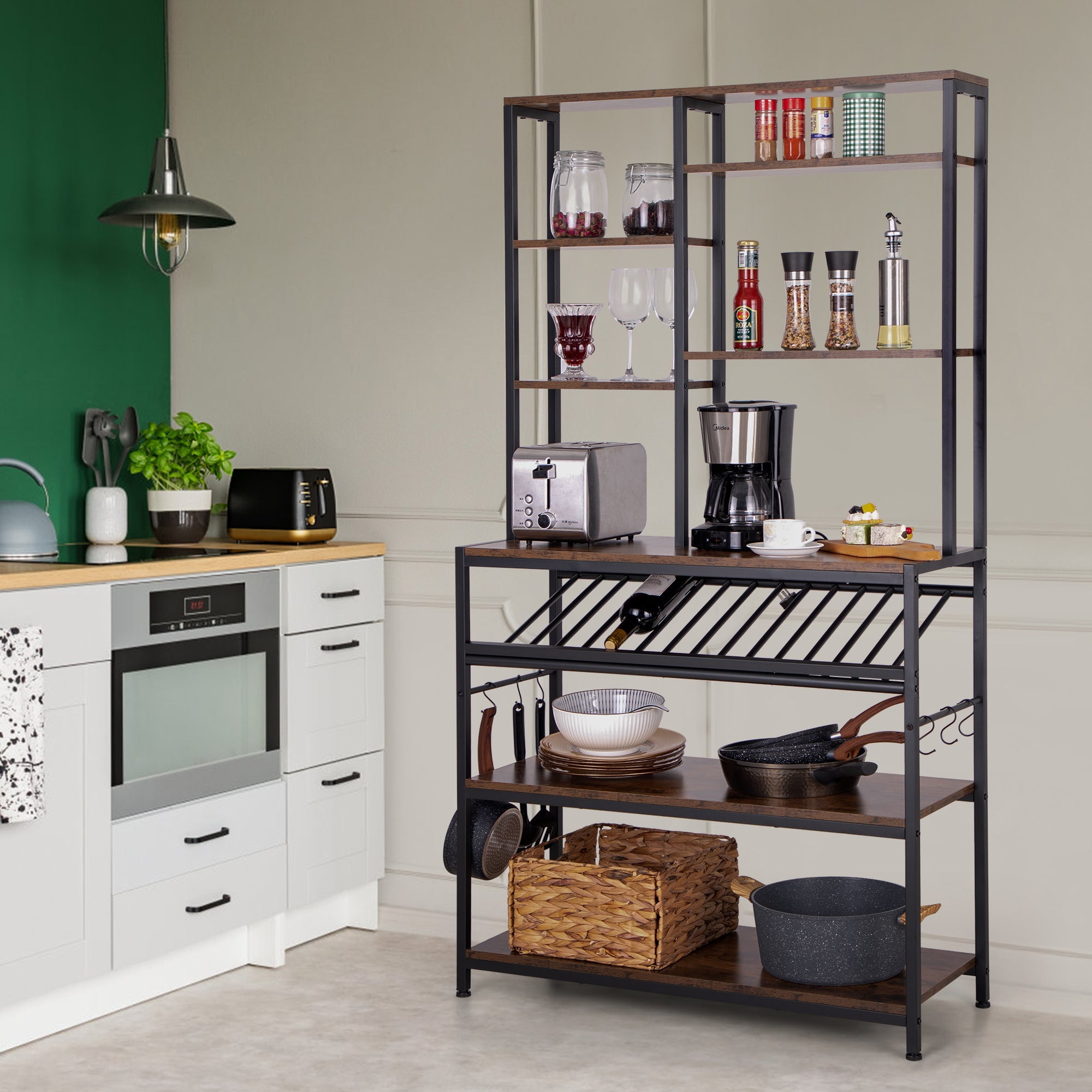 Summit Living 6 Tier Kitchen Bakers Rack with Wine Rack, Wood Storage ...