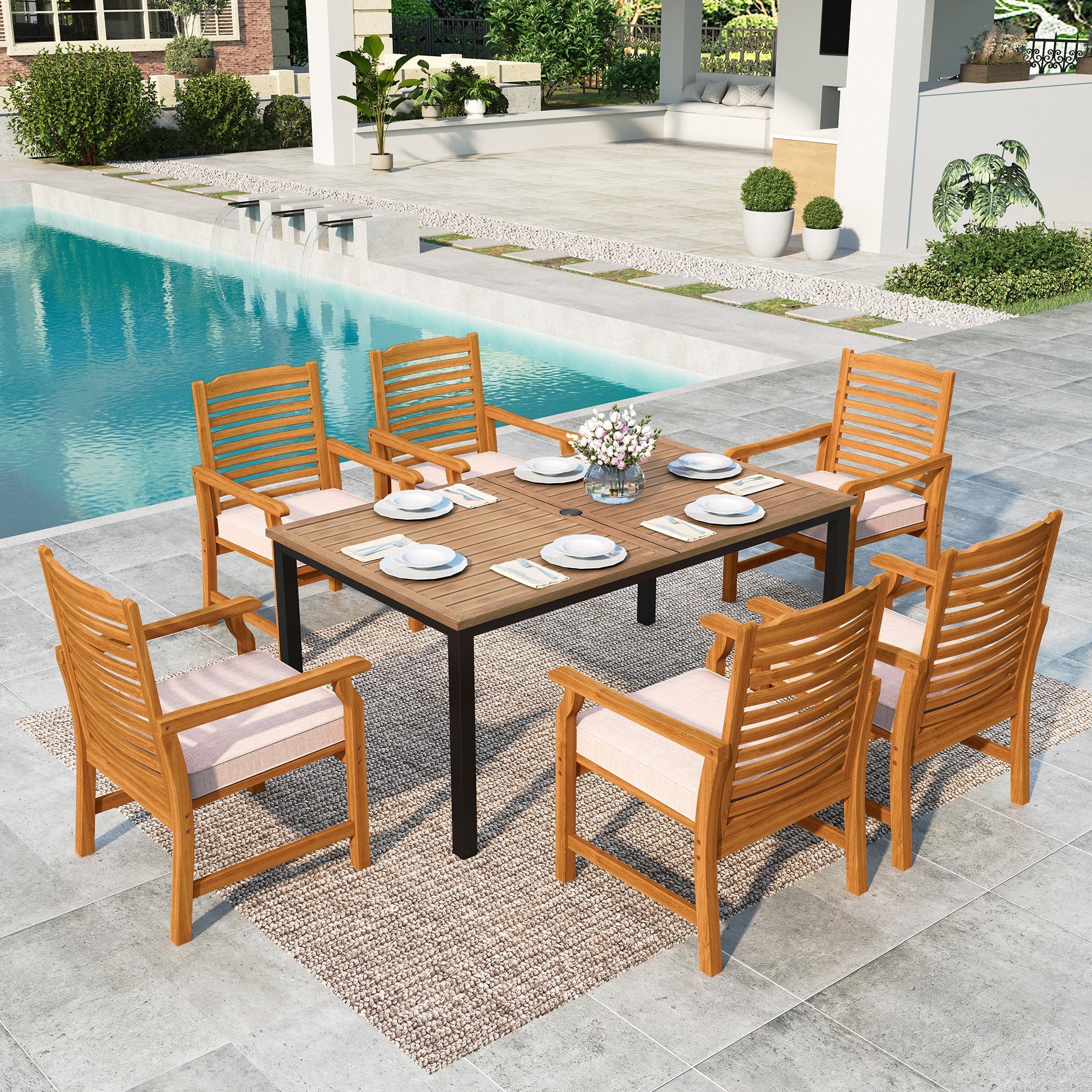 Summit Living 7 Piece Acacia Wood Outdoor Patio Dining Set with 6 Chairs with Cushions 1 Metal Steel Dining Table