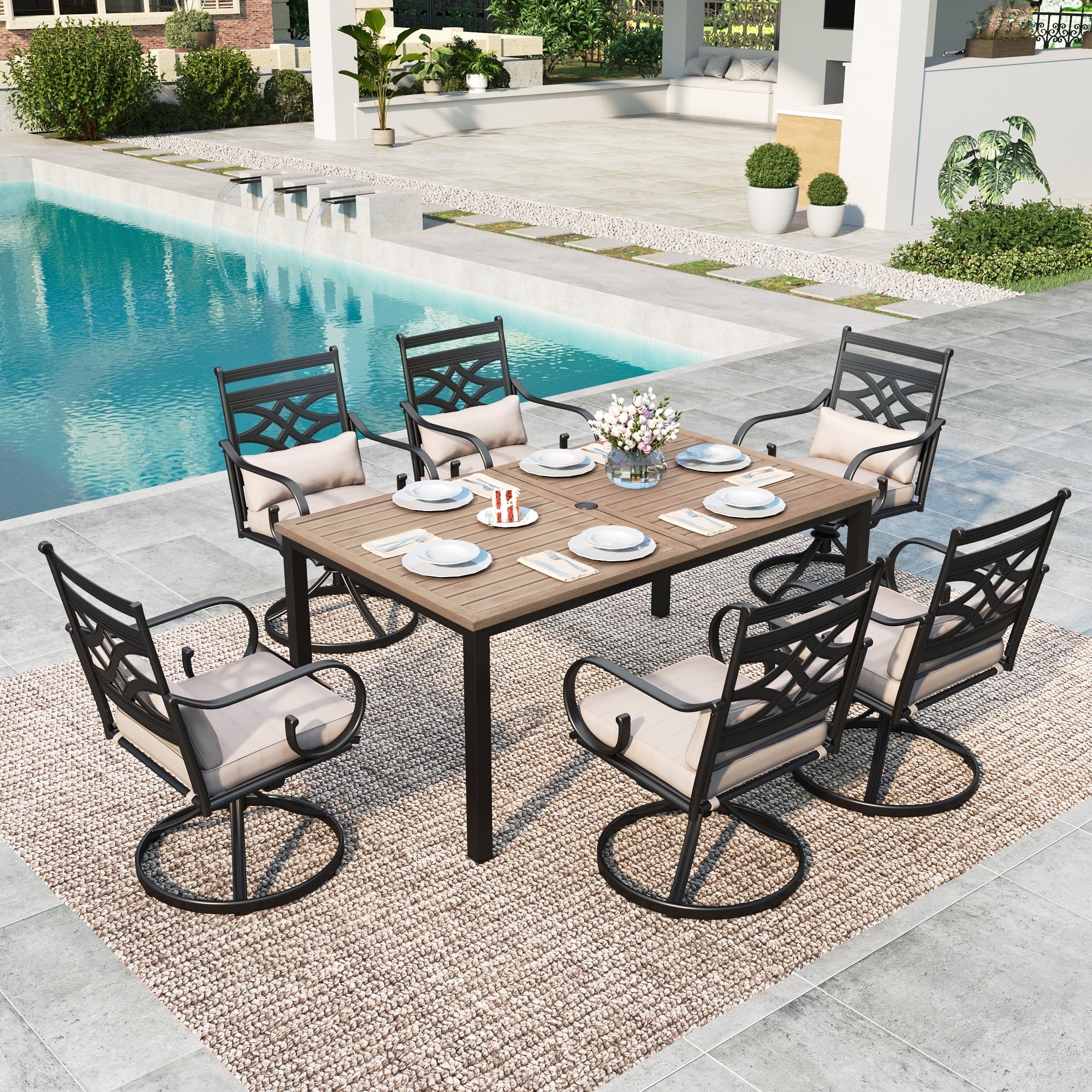 Summit Living 7-Piece Outdoor Patio Dining Set with 6 Cushioned Swivel ...