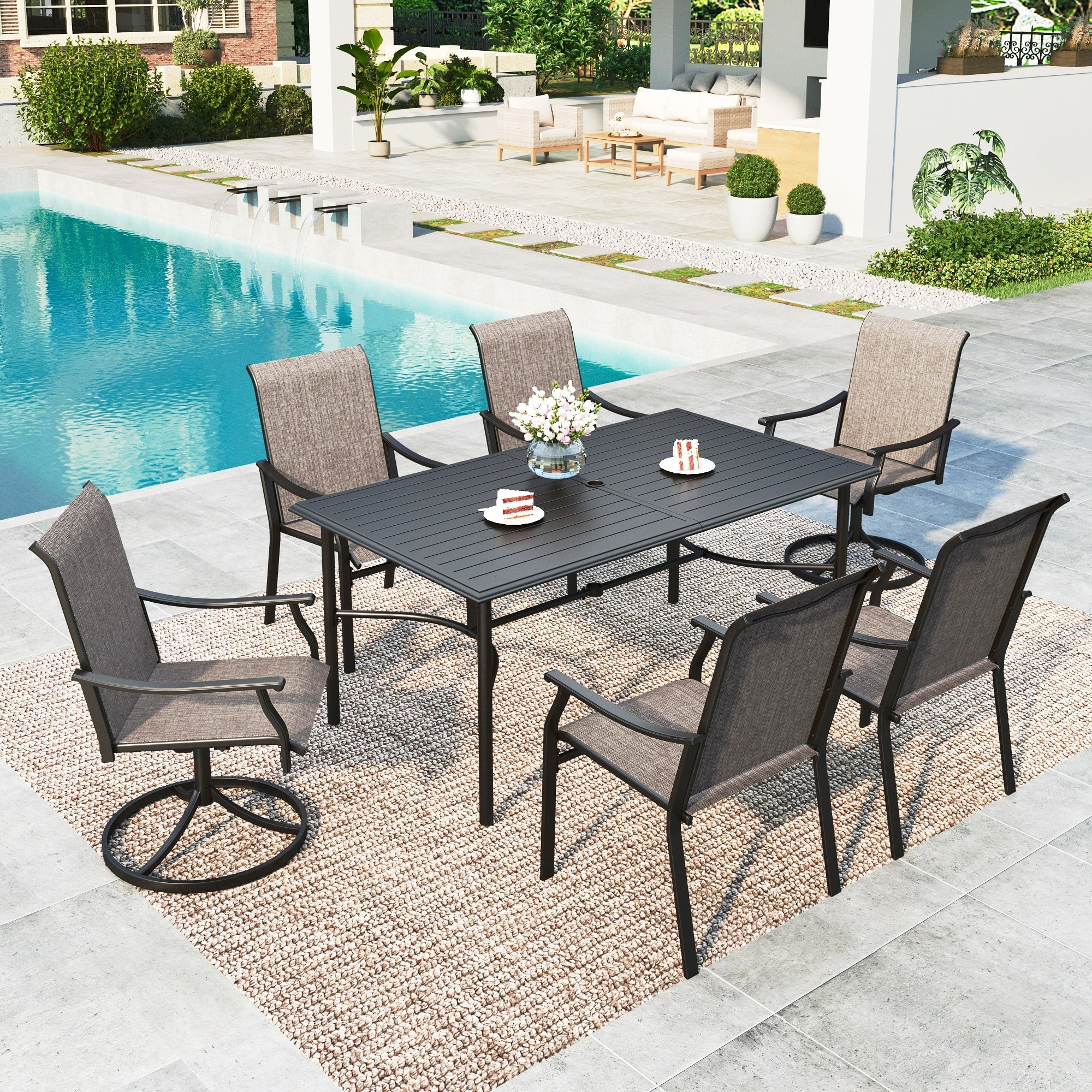 Summit Living 7-Piece Outdoor Patio Textilene Dining Set with 2 Swivel Chairs, 4 Fixed Chairs ...