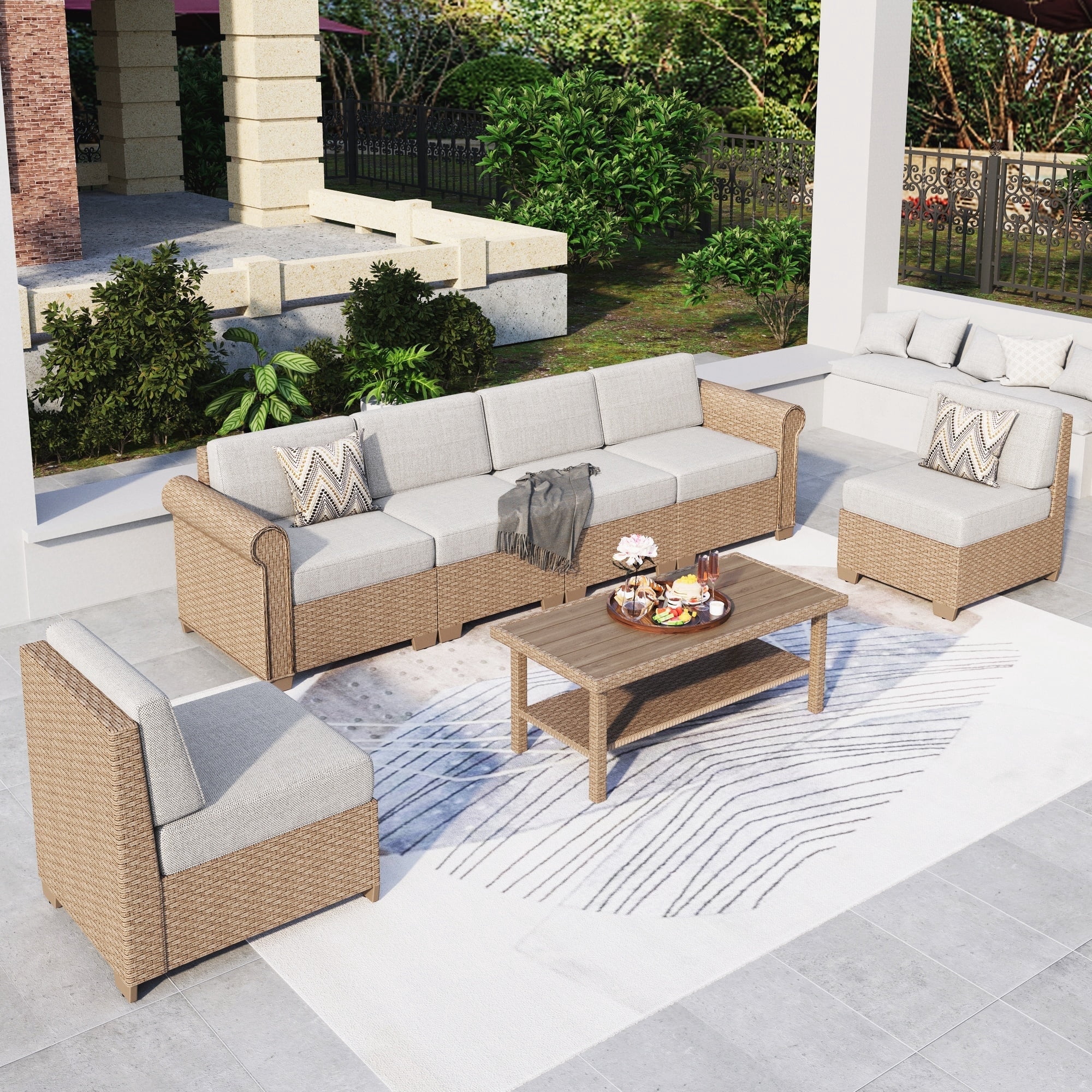 Summit Living 7-Piece Rattan Outdoor Patio Furniture Set with Modular ...