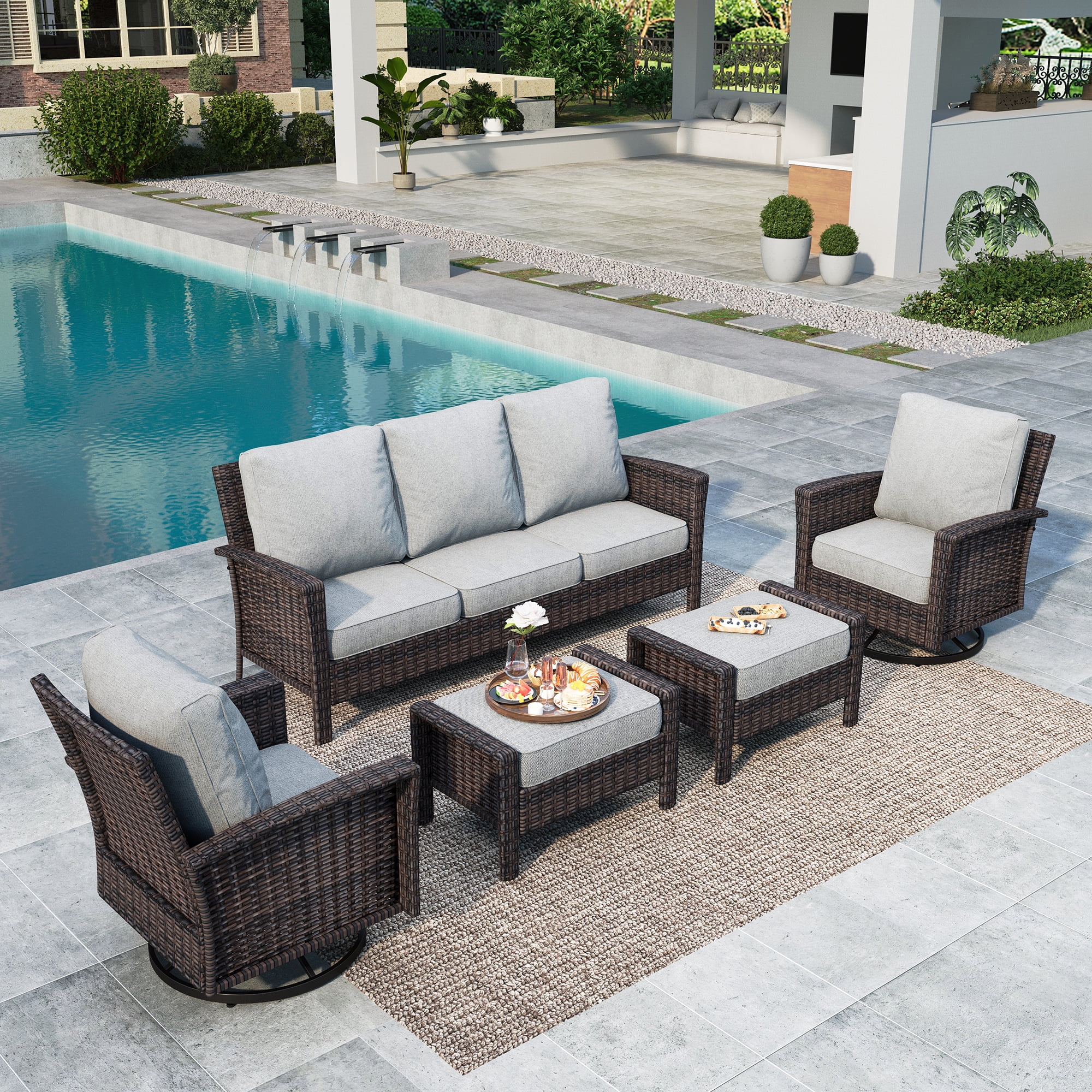 Summit Living 7-Seat Wicker Patio Furniture Set with 2 Swivel Chairs & 3-Seat Sofa with 2 ...