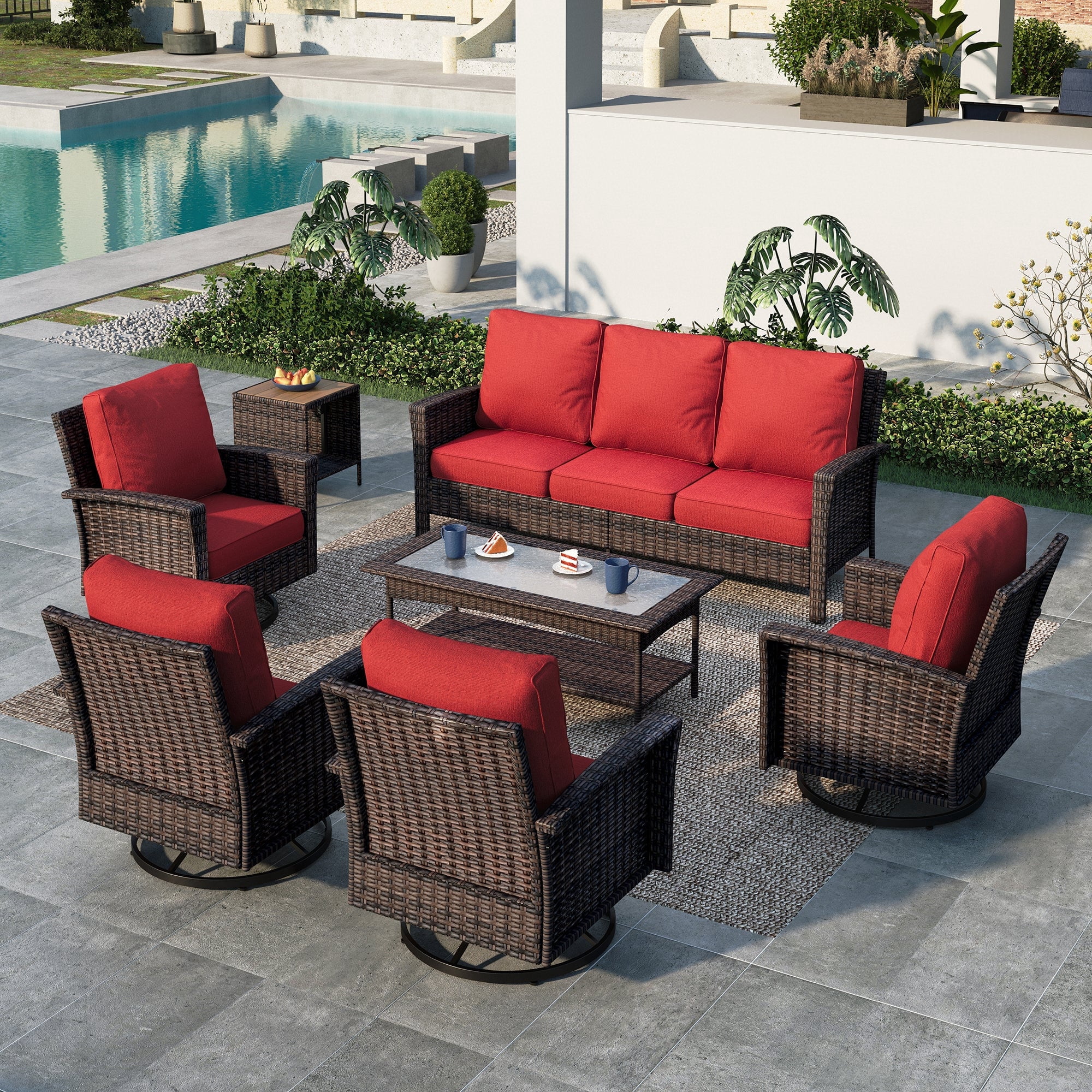 Summit Living 7-Seat Wicker Patio Furniture Set with 4 Swivel Chairs ...