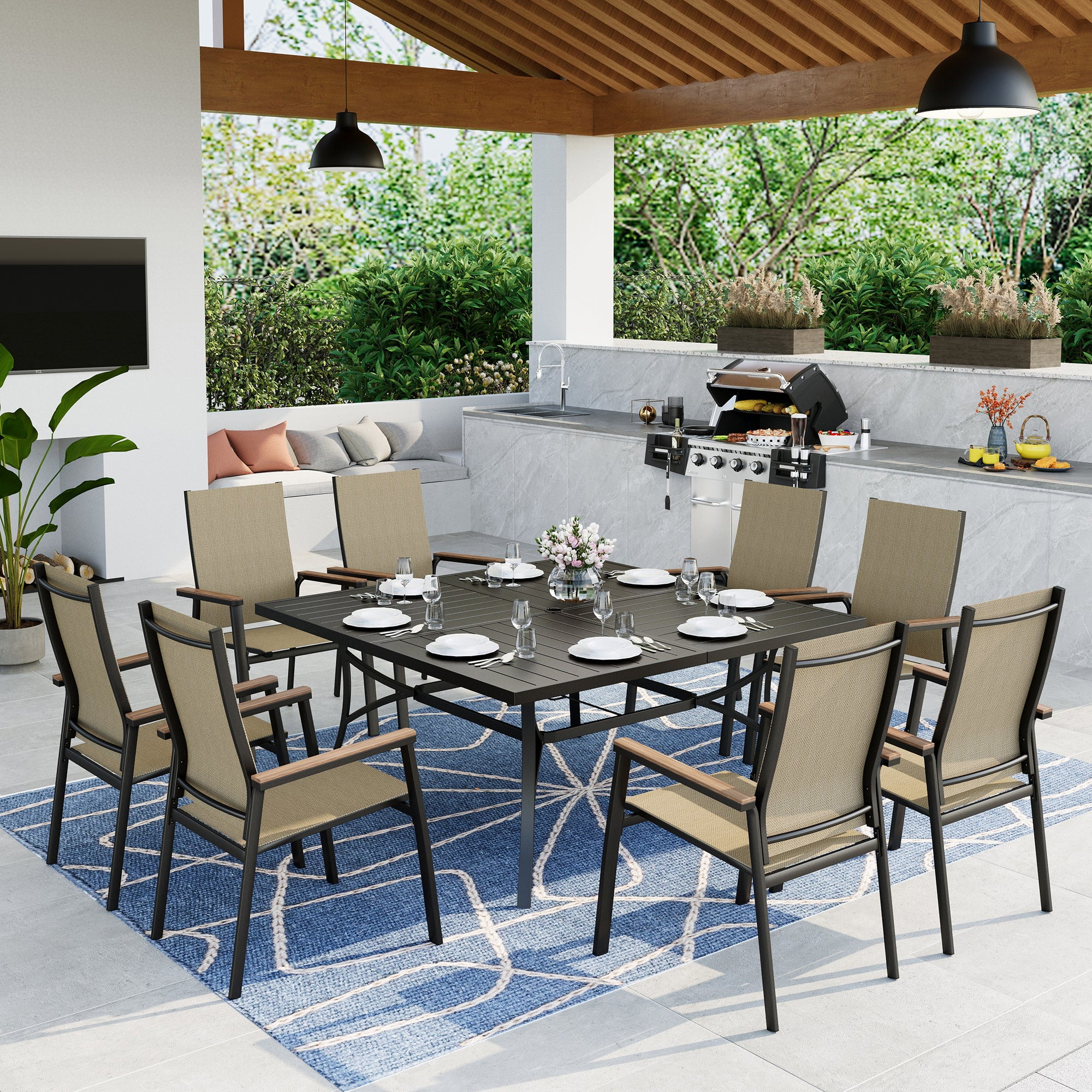 Summit Living 9-Piece Outdoor Patio Dining Set with 8 Stackable Beige ...