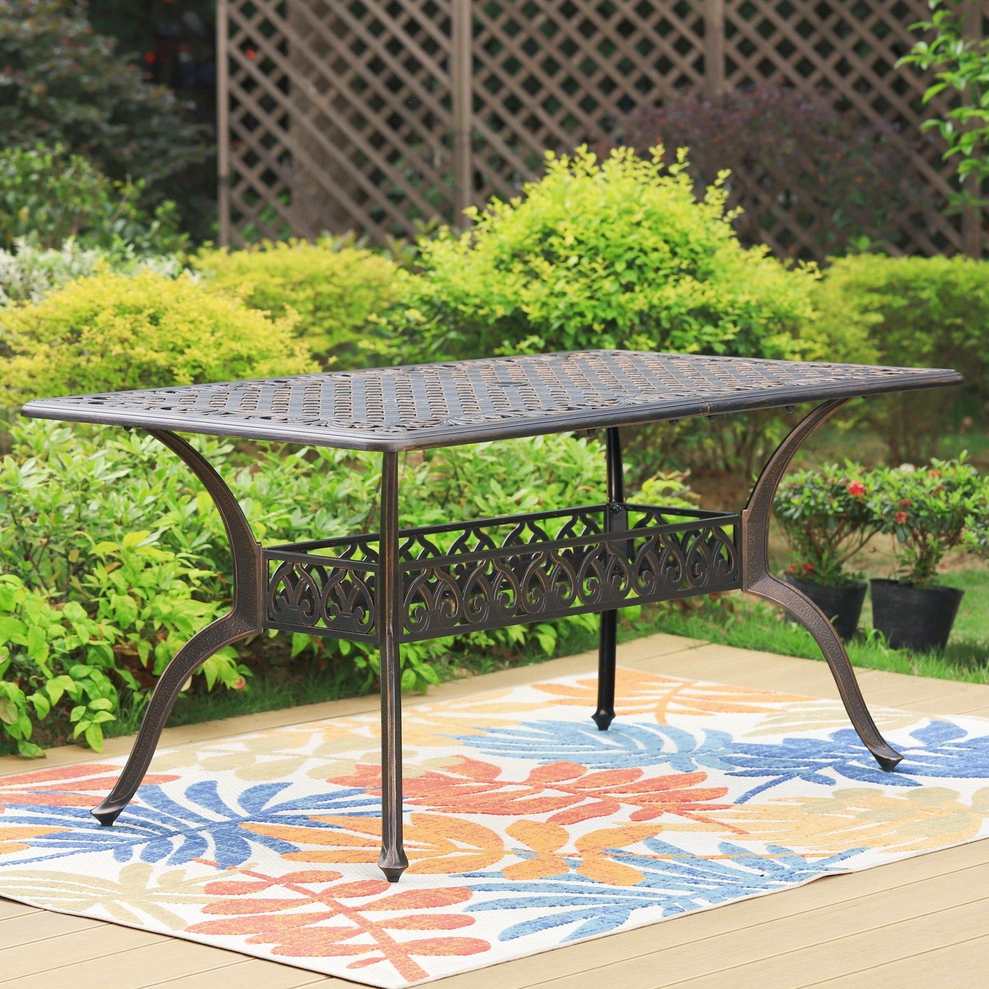 Summit Living Cast Aluminum Outdoor Dining Rectangle Table with Umbrella Hole for 6-Person ...