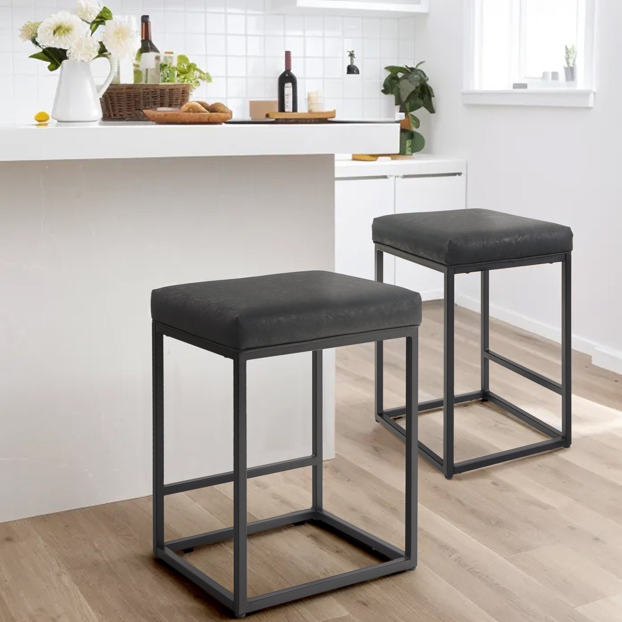 AC Pacific Backless Metal Barstool, Matte Black, 24 -inch, Set of 2 ...