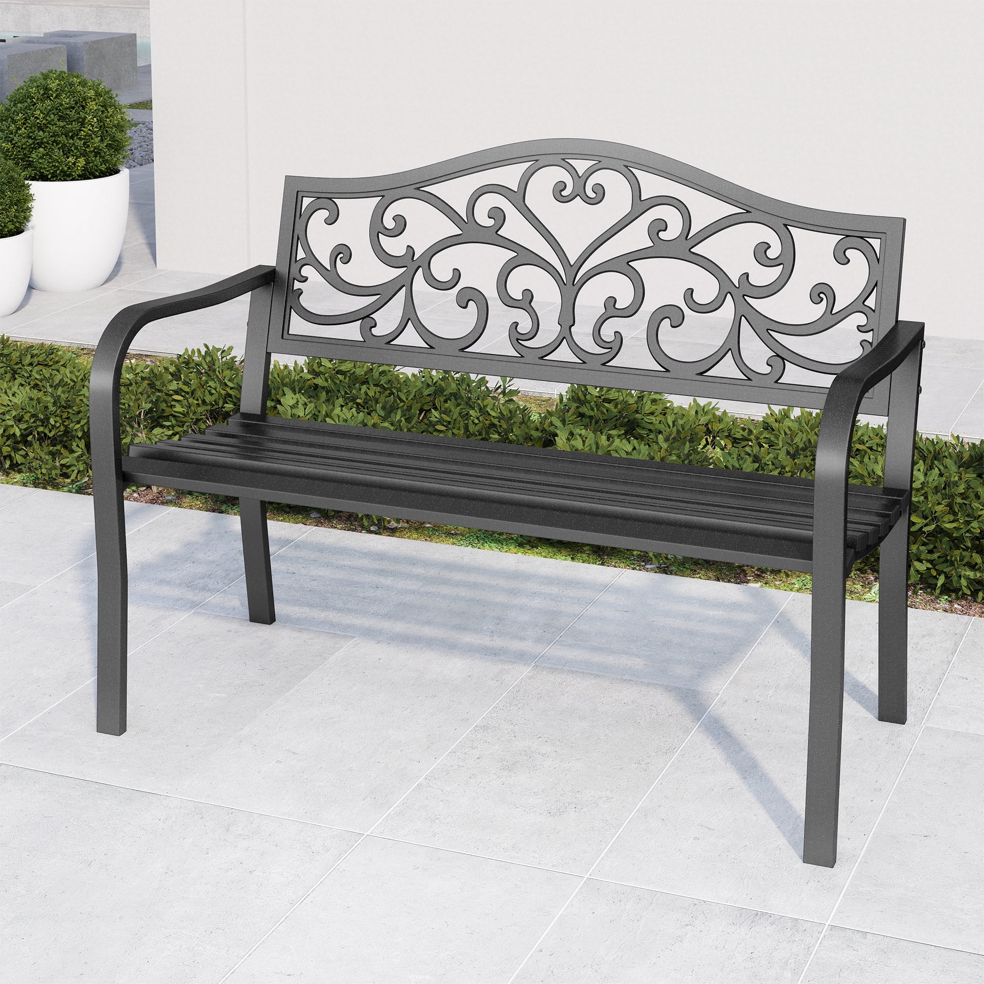 Summit Living Outdoor Garden Bench, Cast Iron Metal Frame Patio Park ...