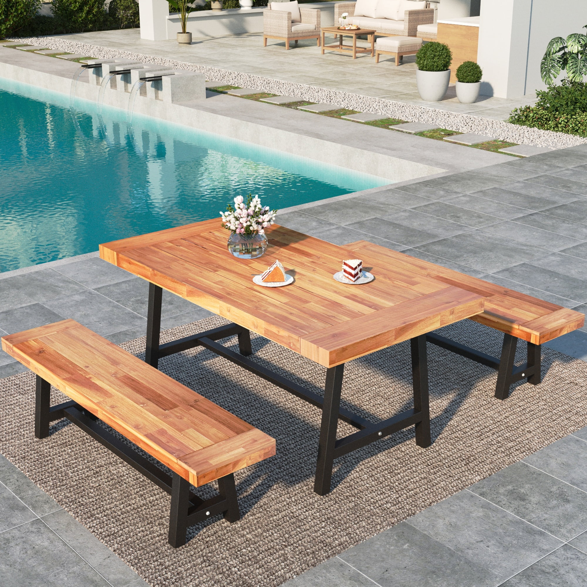 Summit Living Set of 3 Patio Wood Garden Bench Set Outdoor Dining Set ...
