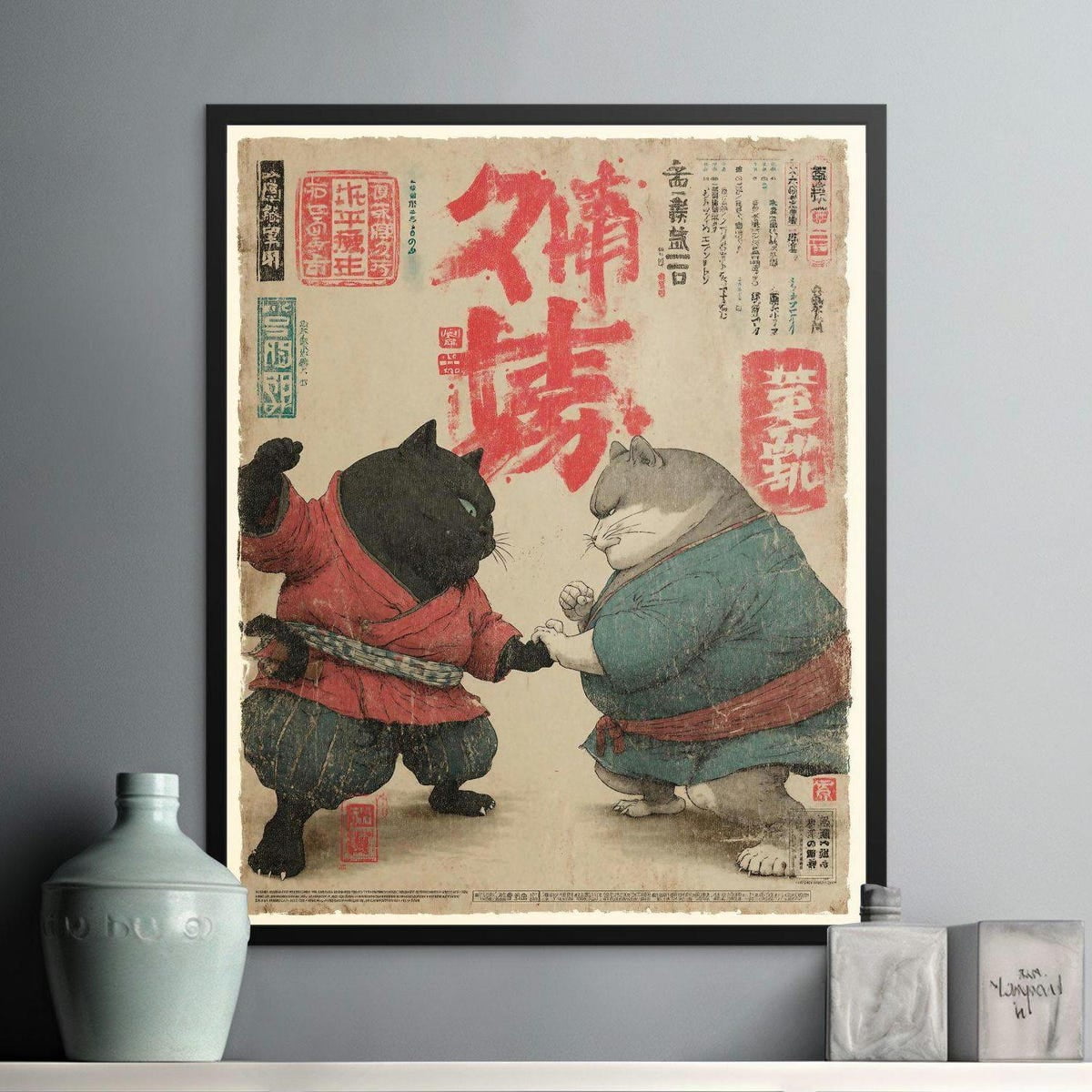 Sumo Cats Posters, Ukiyo e Art Prints, Funny Cat Illustration, Japanese ...