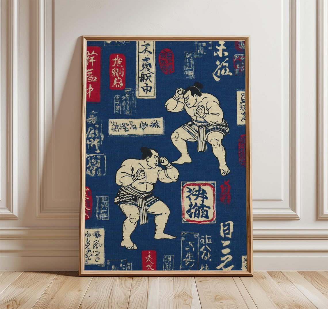 Sumo Wrestlers Japanese Indigo Textile Traditional Ukiyo-e Cultural ...