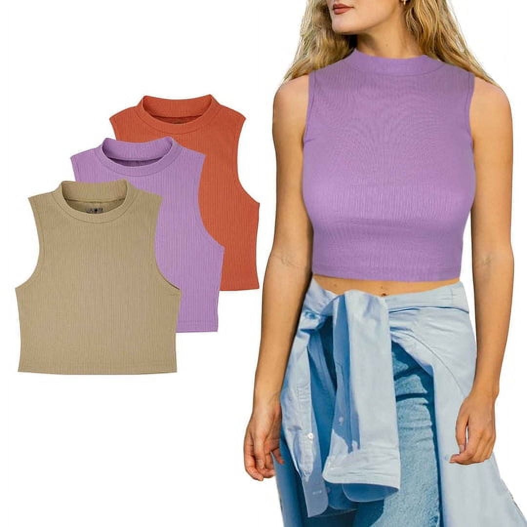 Sumona Mock Neck Cotton Blend Crop Top Everyday High-neck Women 3 Pack ...