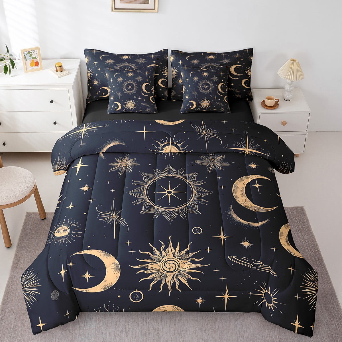 Sun And Moon Bed In A Bag Black Bohemian Full Bedding Set 7 Pieces Boho ...