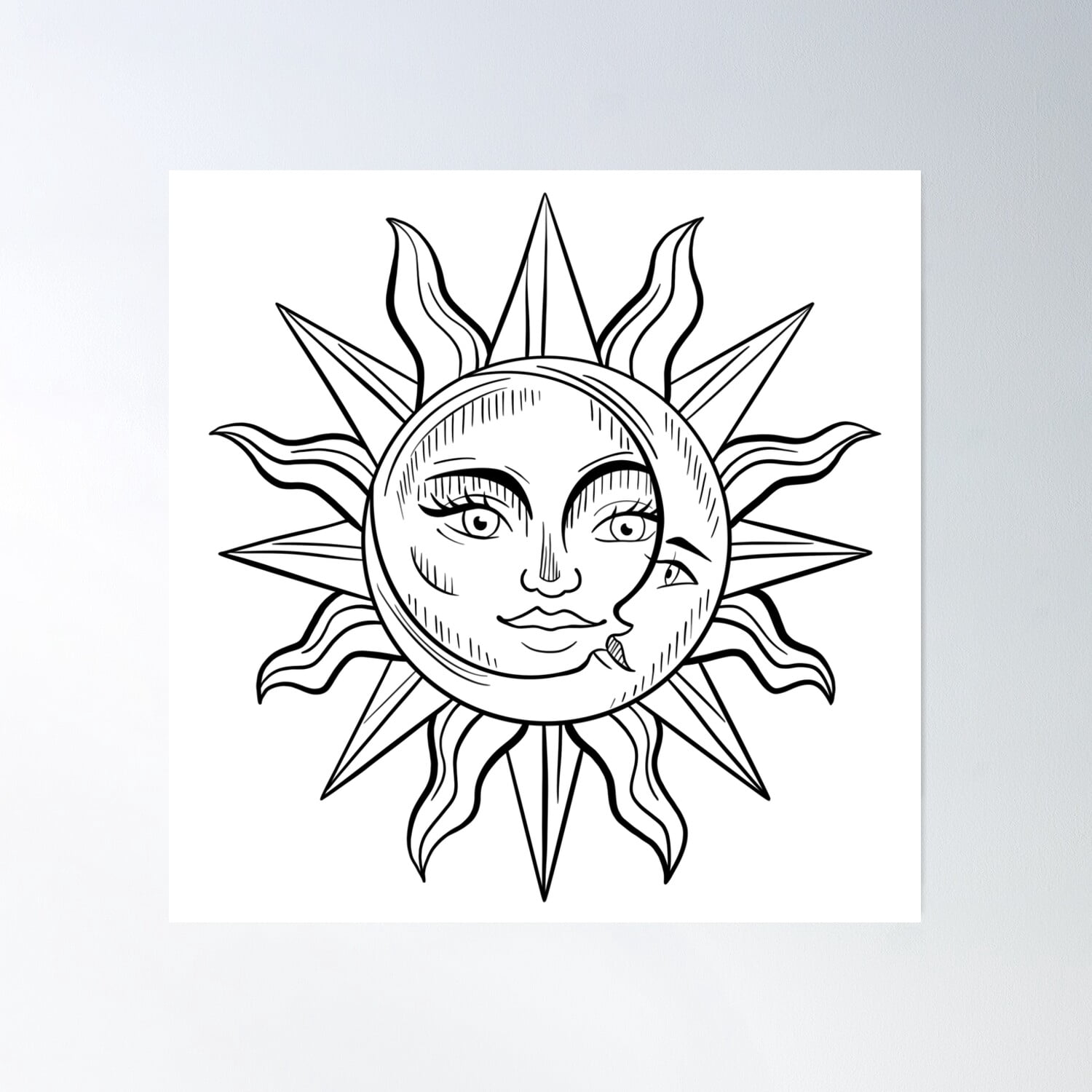 Sun And Moon Black And White Illustration Poster Wall Art, Modern Wall ...