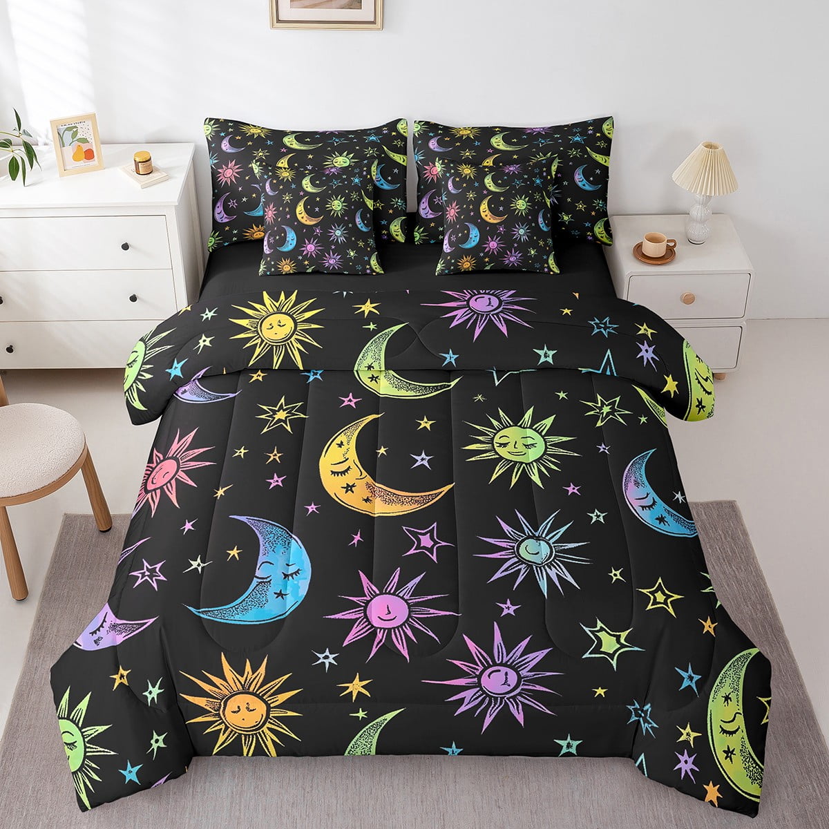 Sun And Moon Full Comforter,Boho Sun Watercolor Sheet Set Bohemian ...