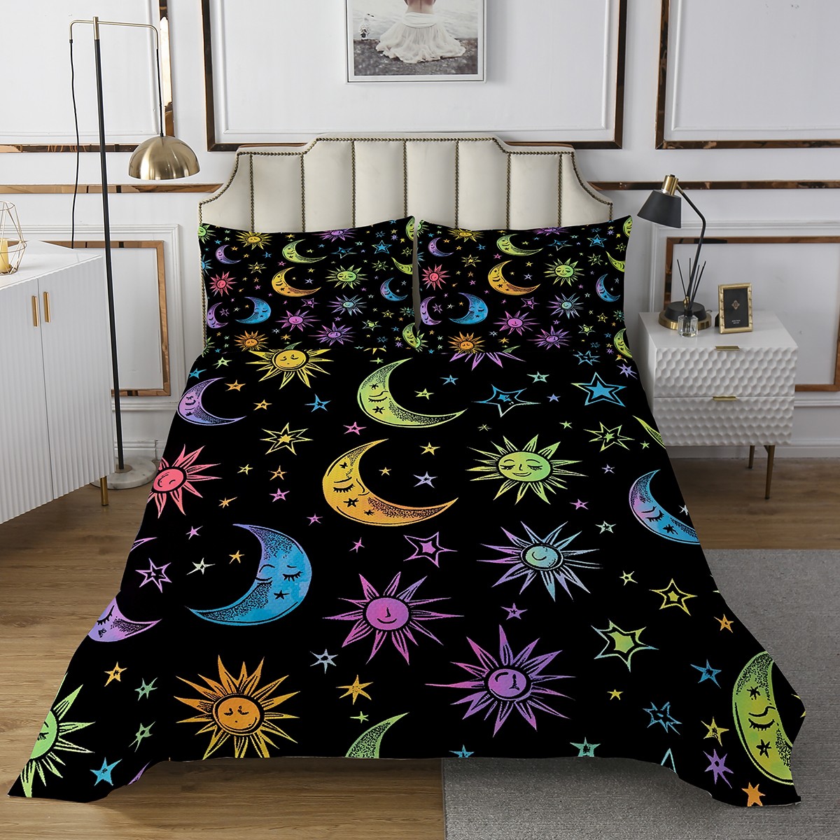 Sun And Moon King Bedspread Set,Boho Sun Watercolor Quilt Set Bohemian ...