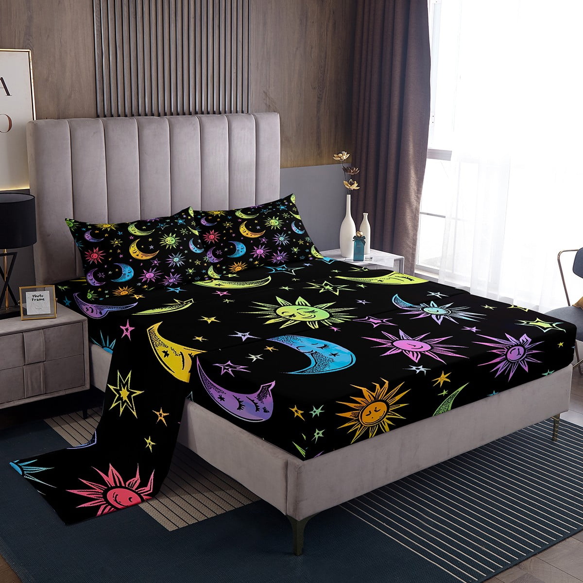 Sun And Moon King Sheet Set,Boho Sun Watercolor Bed Sheets Set Bohemian ...
