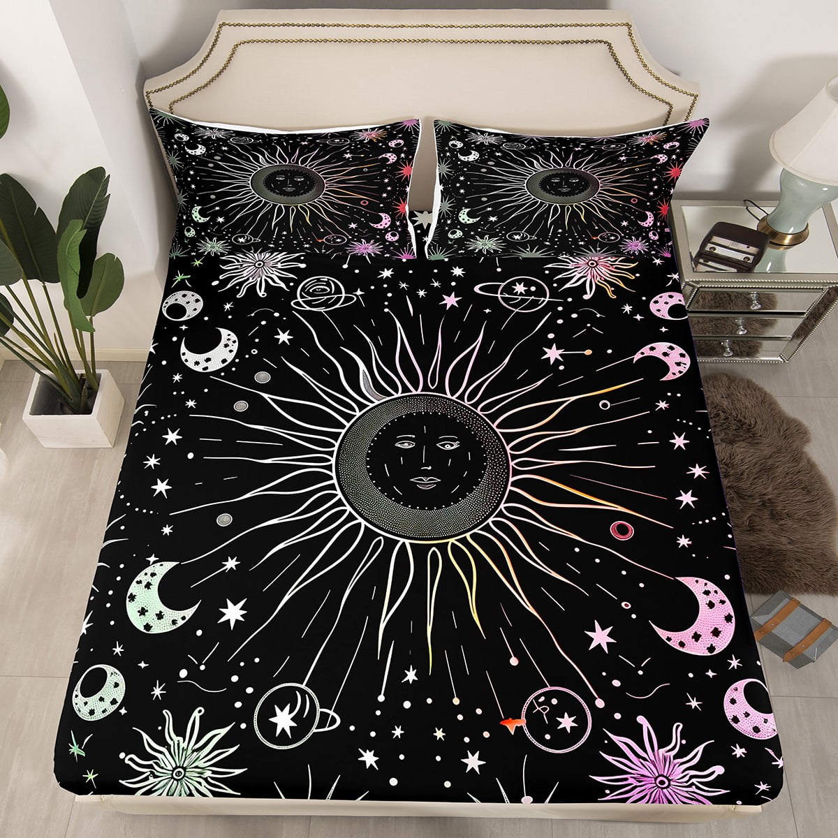 Sun And Moon Queen Fitted Sheet,Bohemian Gothic Bed Sheets Galaxy Stars ...