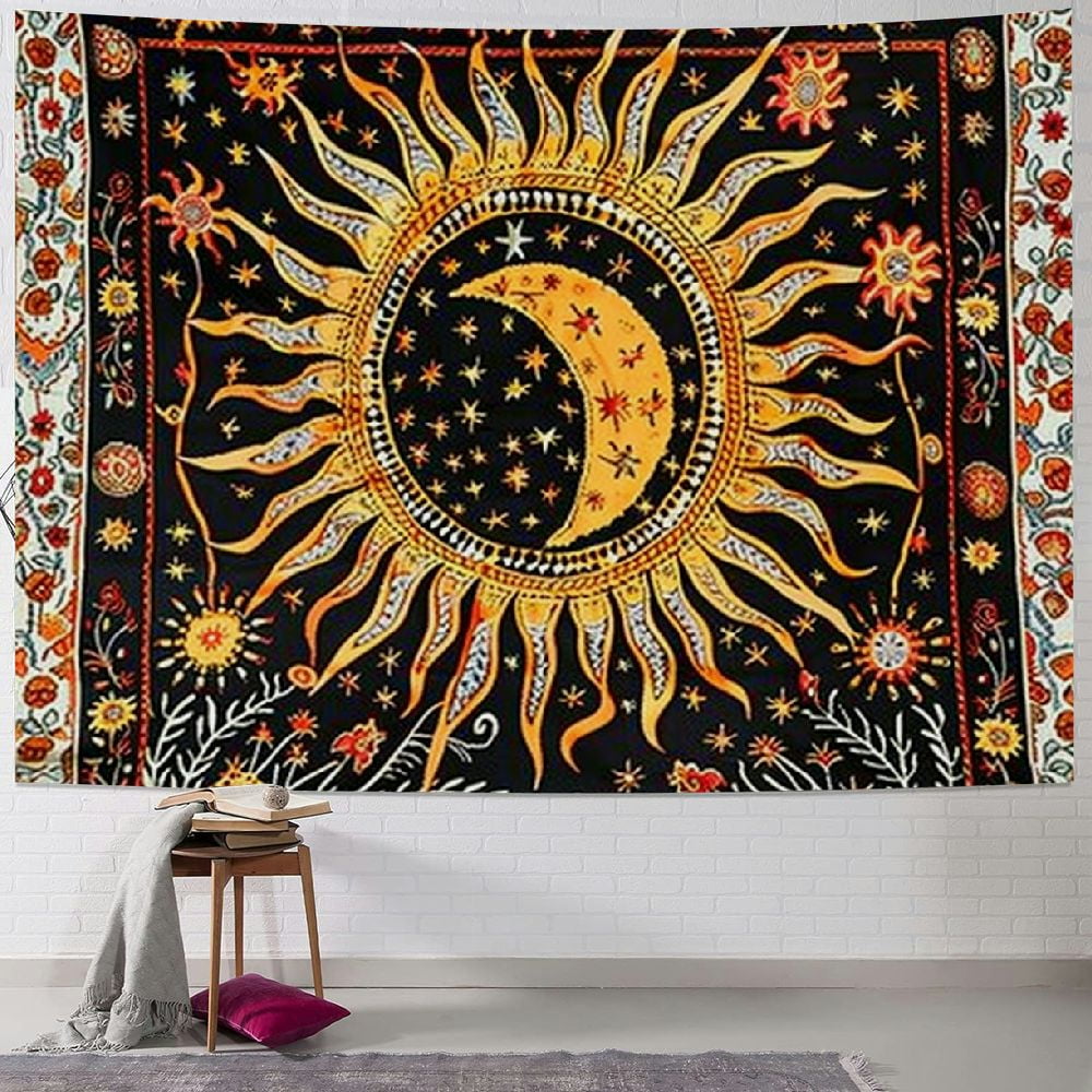 Sun And Moon Tapestry Aesthetic- Burning Sun With Stars Mystic Wall ...