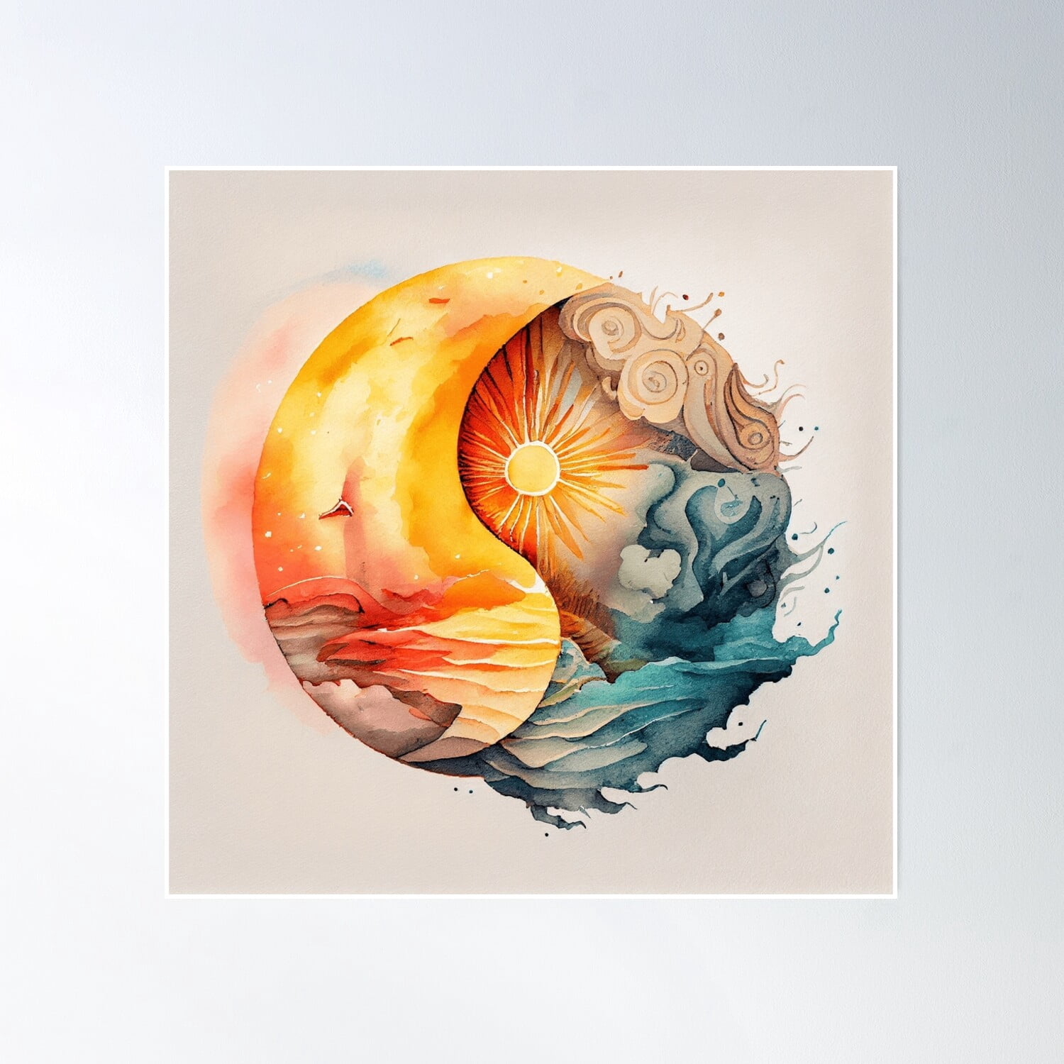 Sun And Moon, Yin And Yang, Watercolor Poster Wall Art, Modern Wall ...