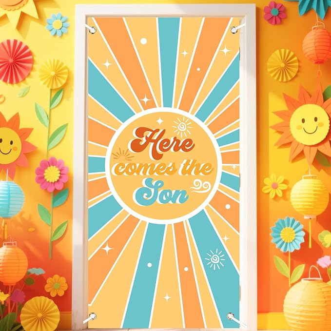 Sun Baby Shower Decoration Boy, Here Comes the Son Door Banner Boho Sun ...