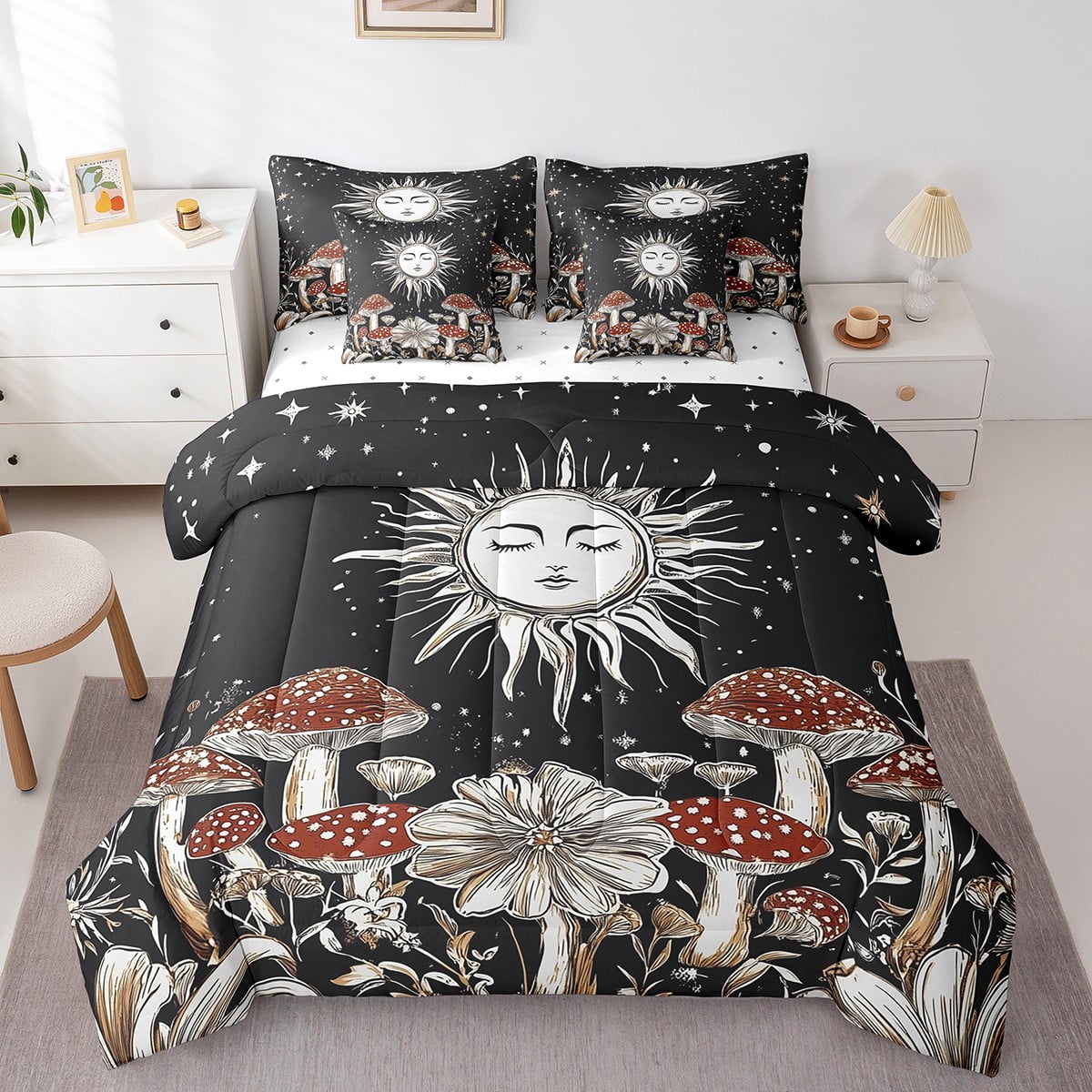 Sun Bedding Set Boho Mushroom Full Comforter Set 7 Piece Teens Hippie ...