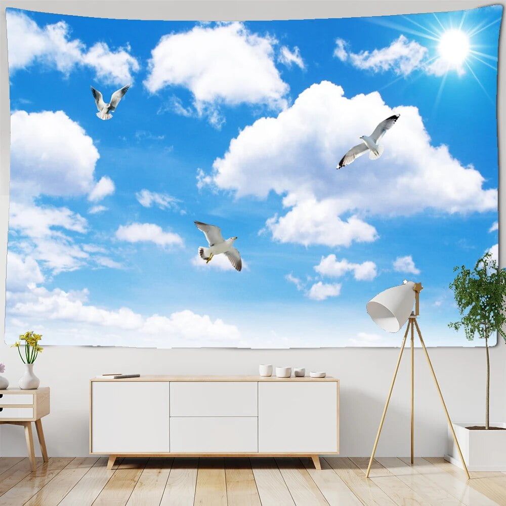 Sun Blue Sky and White Clouds Tapestry Wall Hanging The Great Wave ...