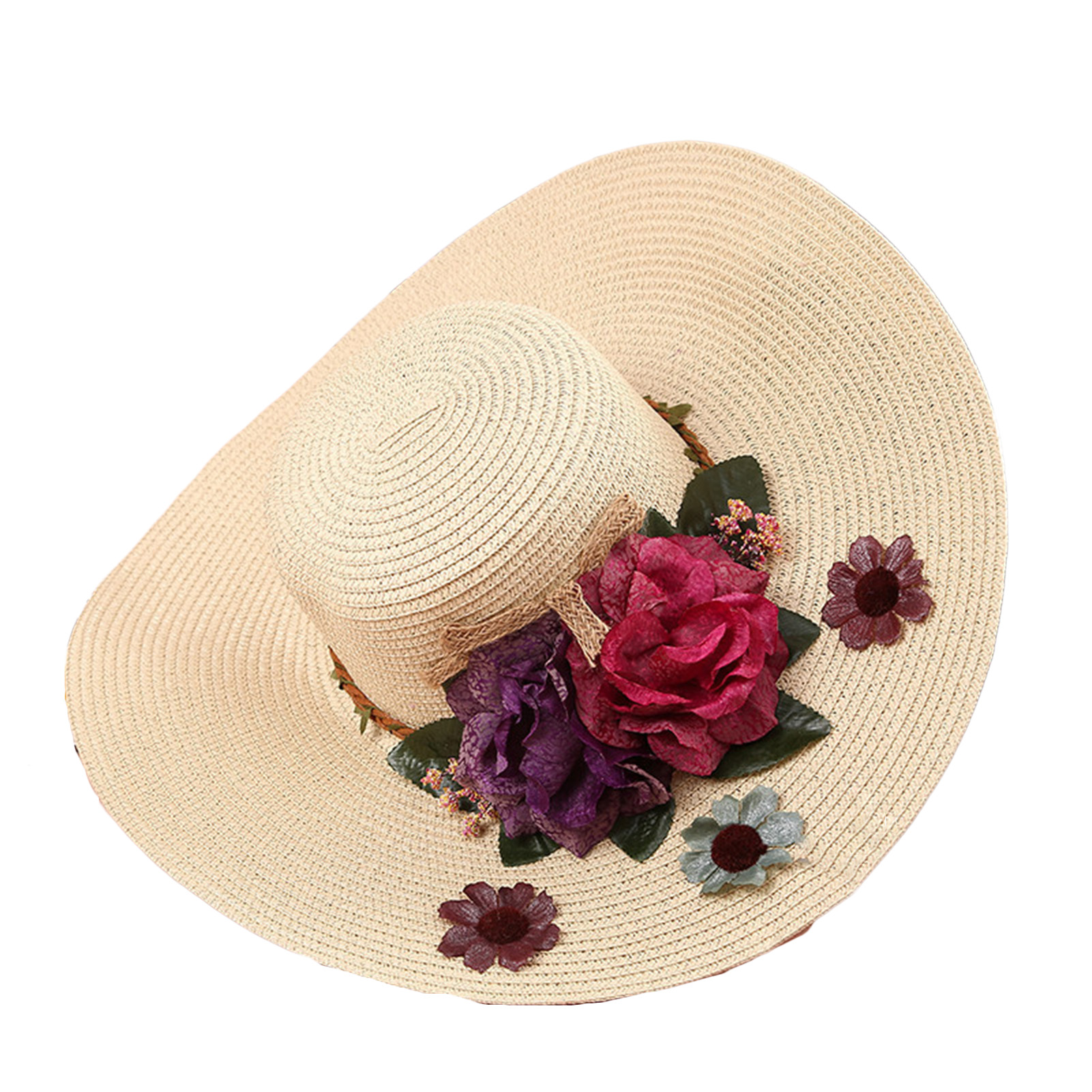 Sun Cap Wide Brim Colorful Flowers Temperament Adjustable Multicolor ...