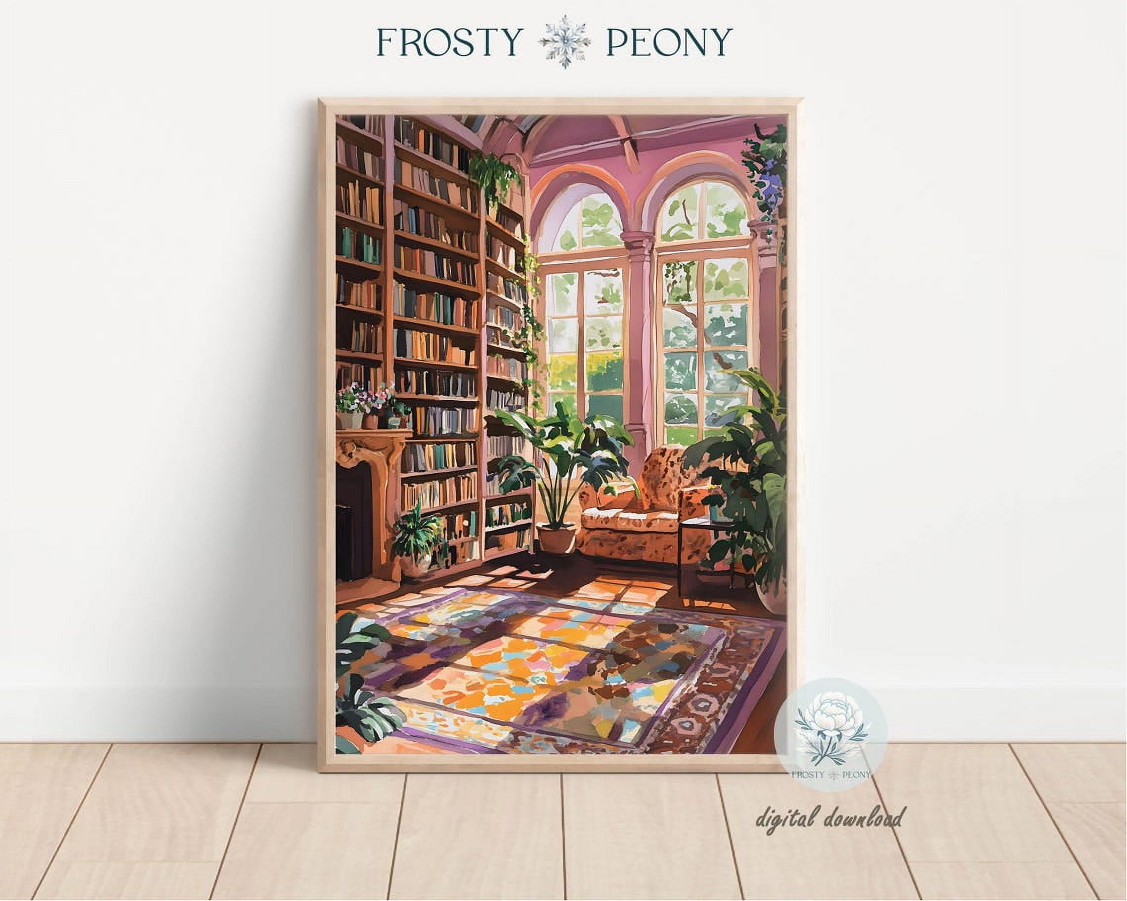 Sun-Drenched Reading Corner Art Print, Cozy Bookshelves And Plants Art Print, Modern Literary ...