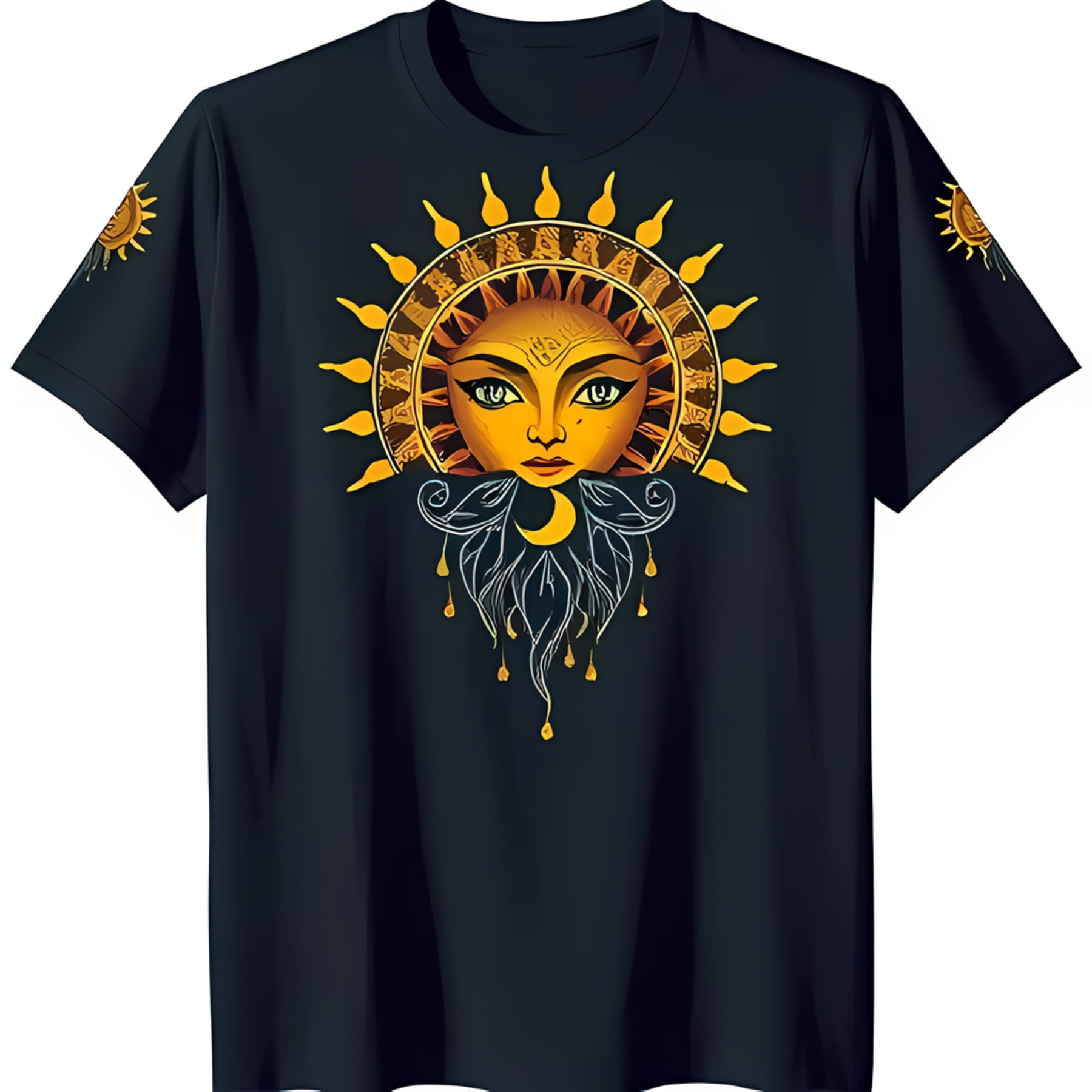 Sun Face Graphic T-Shirt Black Tee with Floral Patterns & Golden ...