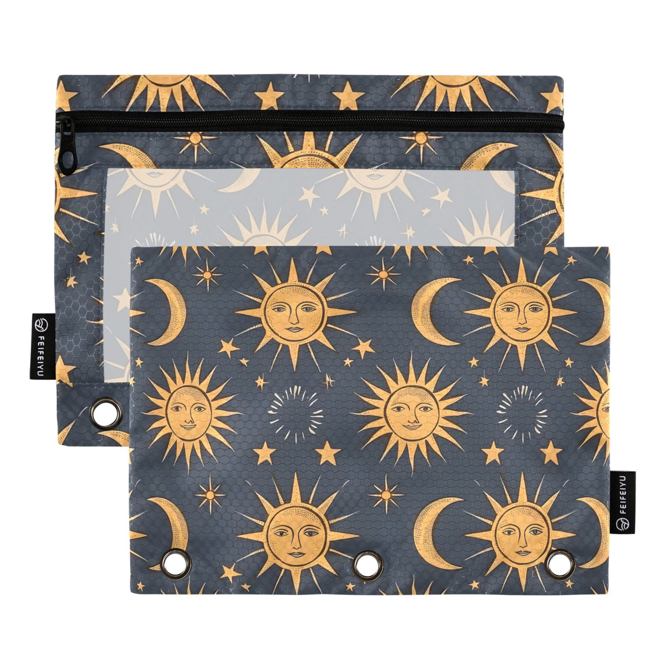 Sun Faces and Moon 2 Pack Pencil Pouch for 3 Ring Binder Smooth Zipper ...