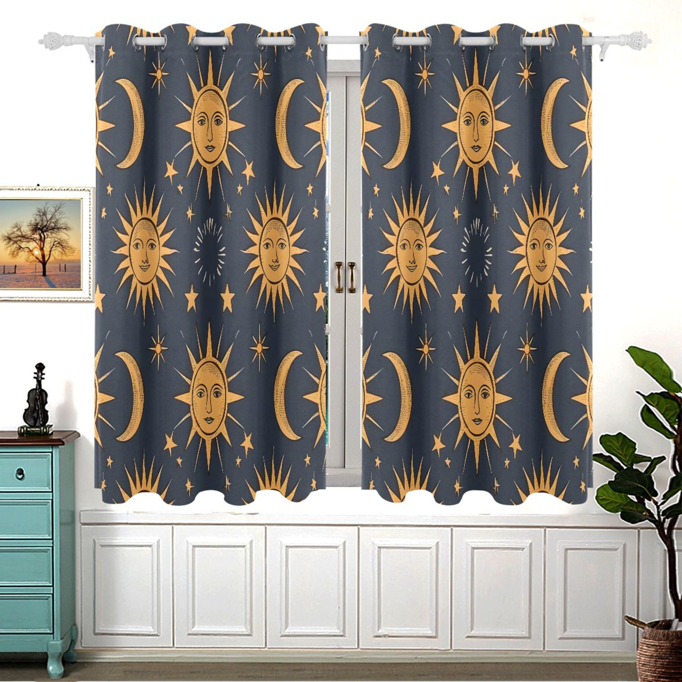 Sun Faces and Moon Blackout Curtains 54 inch Length 2 Panels Grommet ...