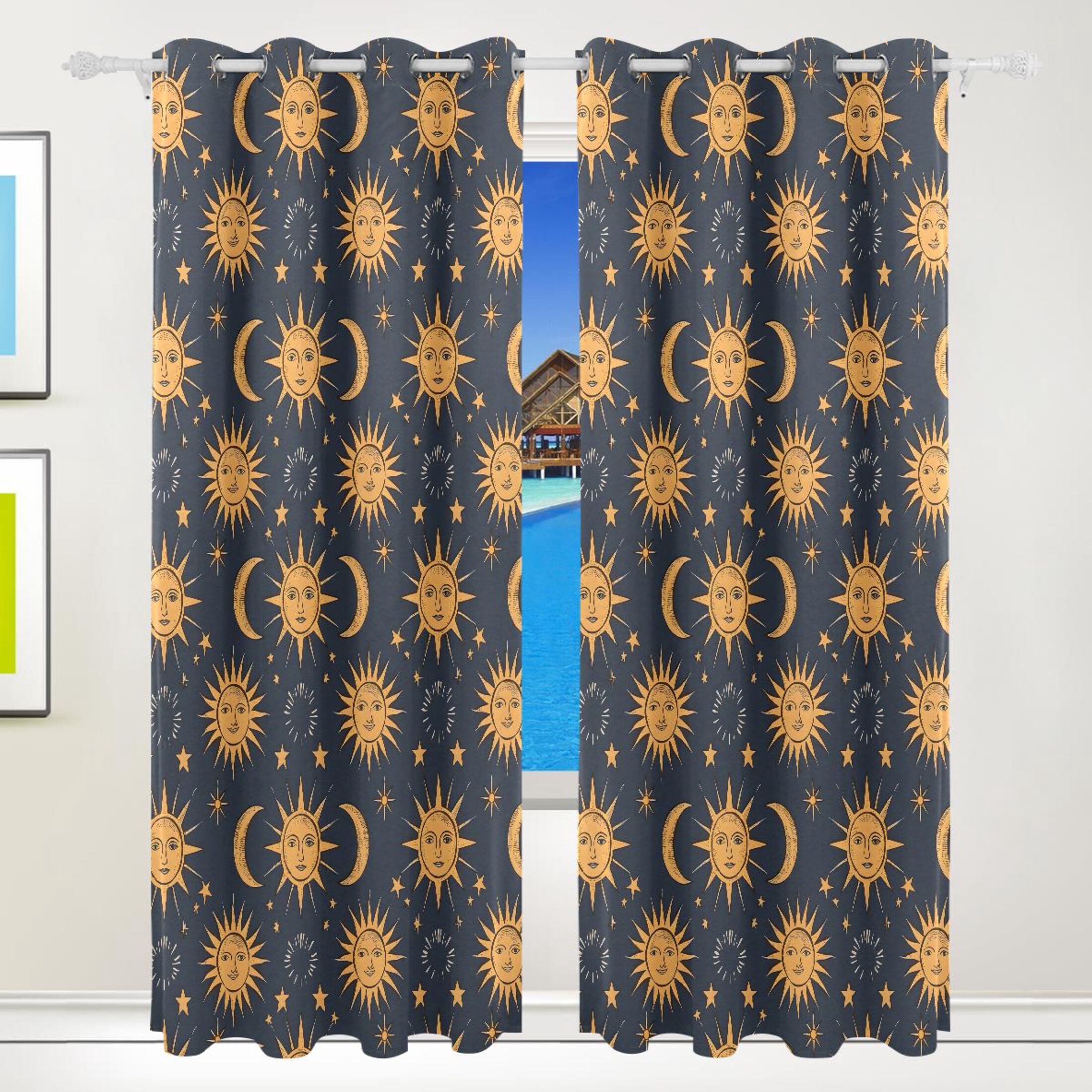 Sun Faces and Moon Blackout Curtains 84 inch Length 2 Panels Grommet ...