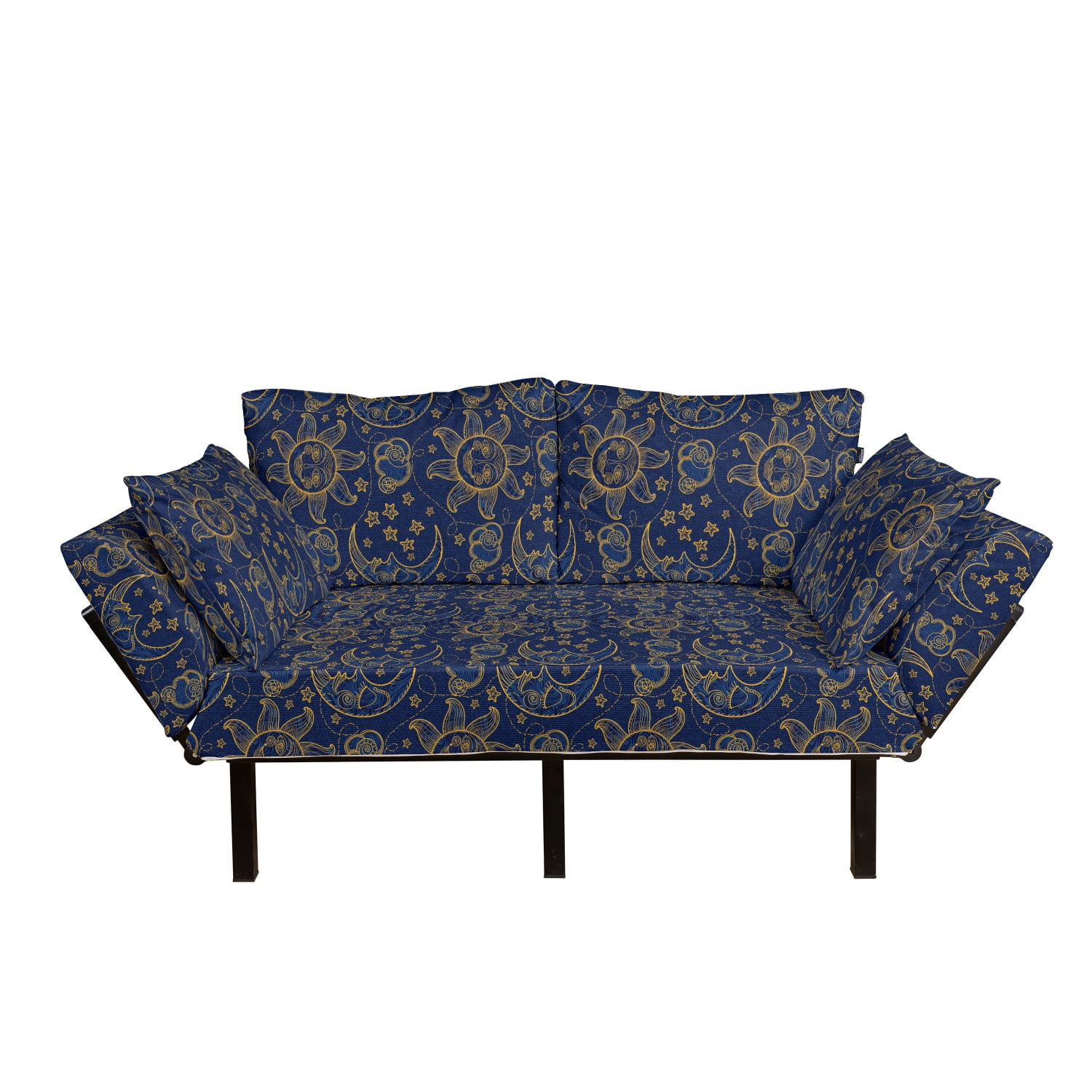 Sun Futon Couch, Doodle Style Star Motif with Stripes and Curved Lines ...