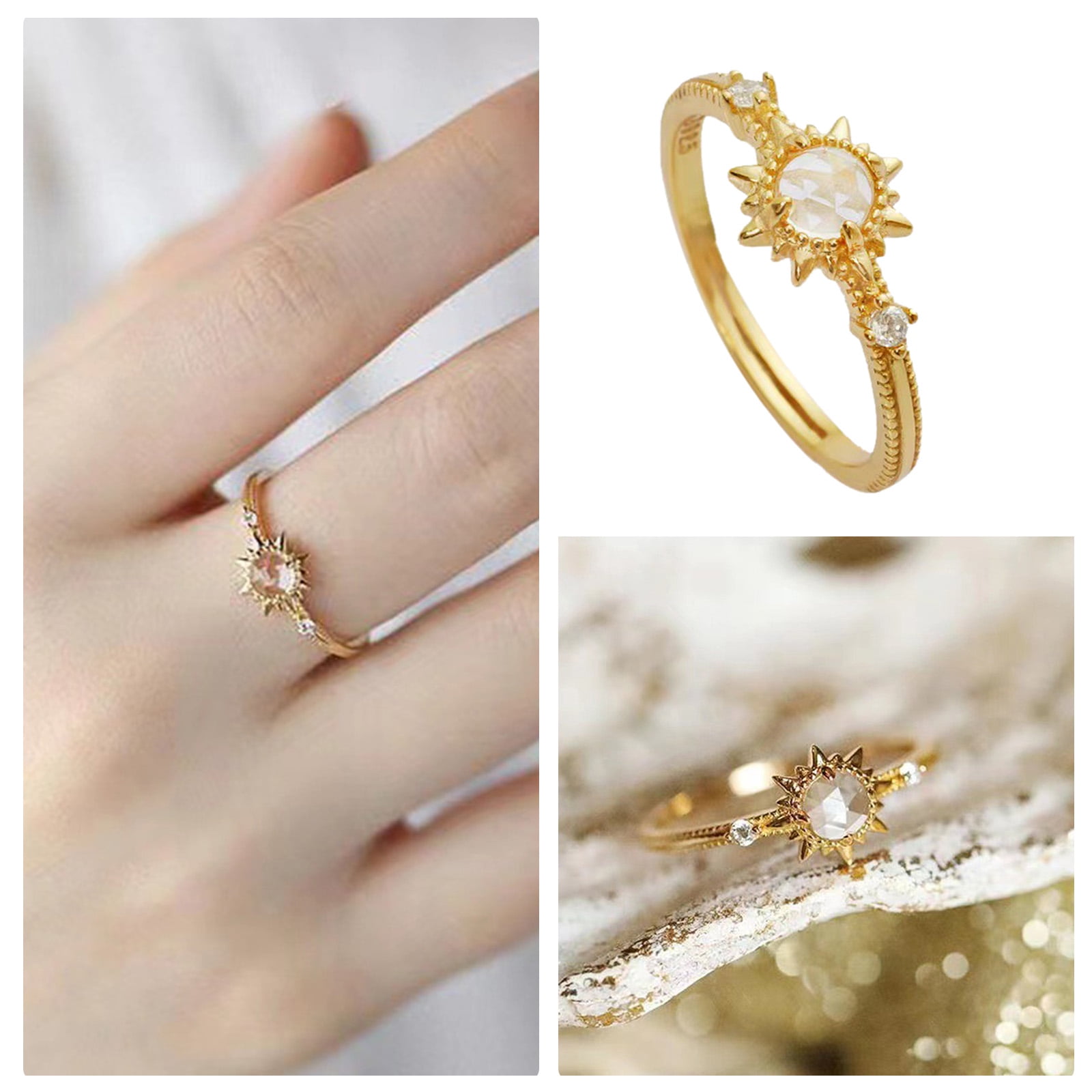 Sun God Natural Rose Cut White Copper Gold Plated Ring Female Opening ...