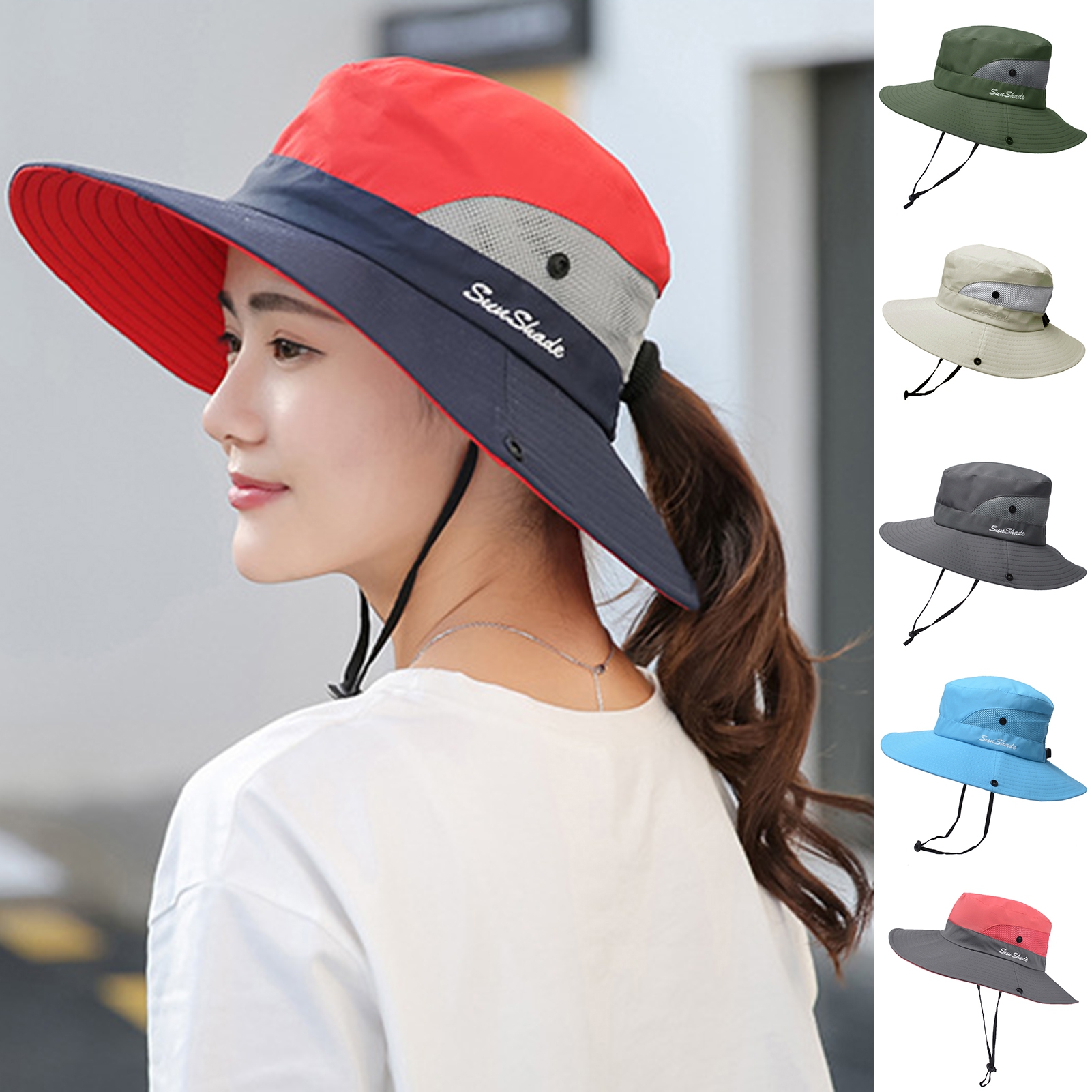 Sun Hat Adjustable Anti Sun Men Women Fixed Rope UV Protection Ponytail ...