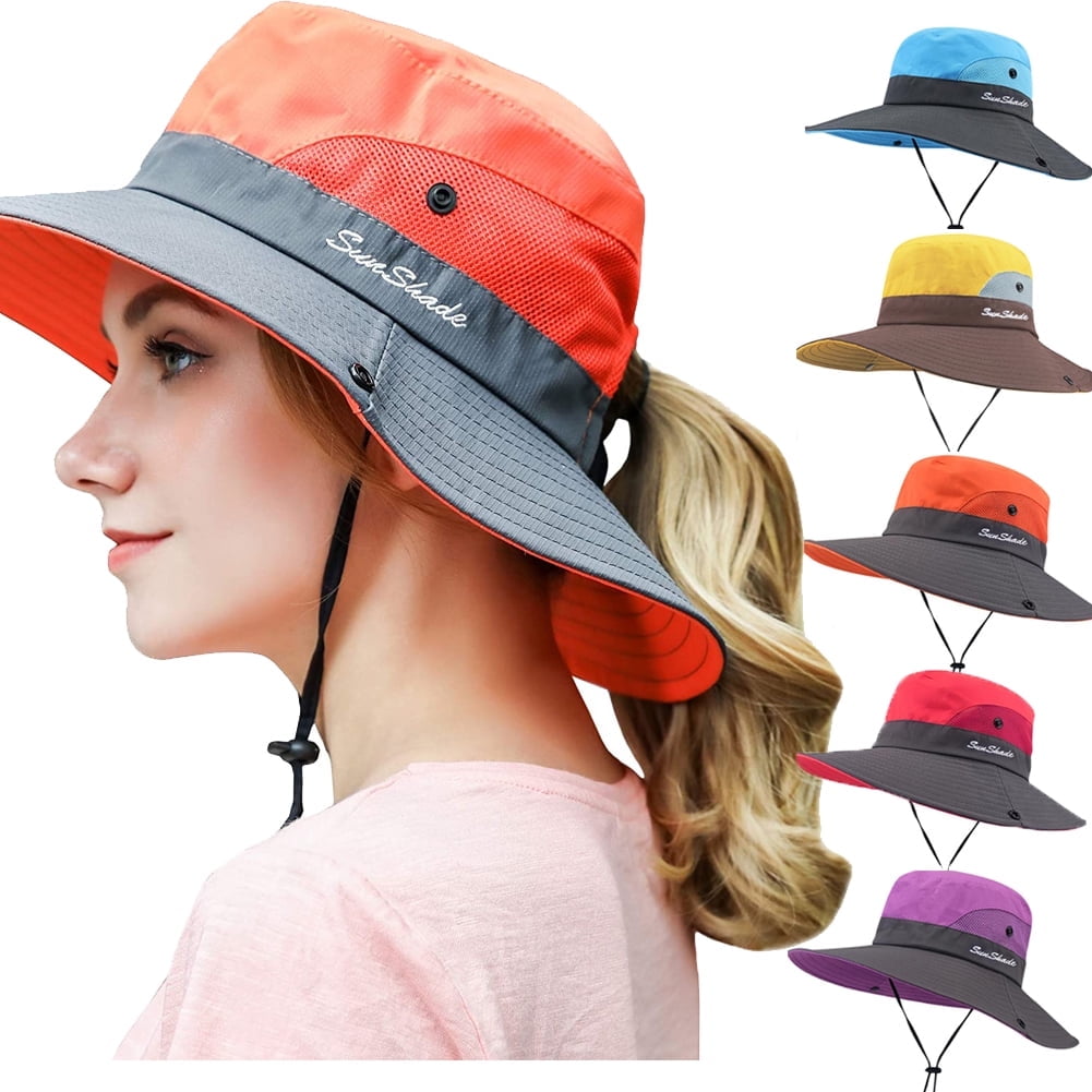 Sun Hats, Women's Ponytail Bucket Hat Outdoor UV Protection Foldable Summer Mesh Wide Brim Beach ...